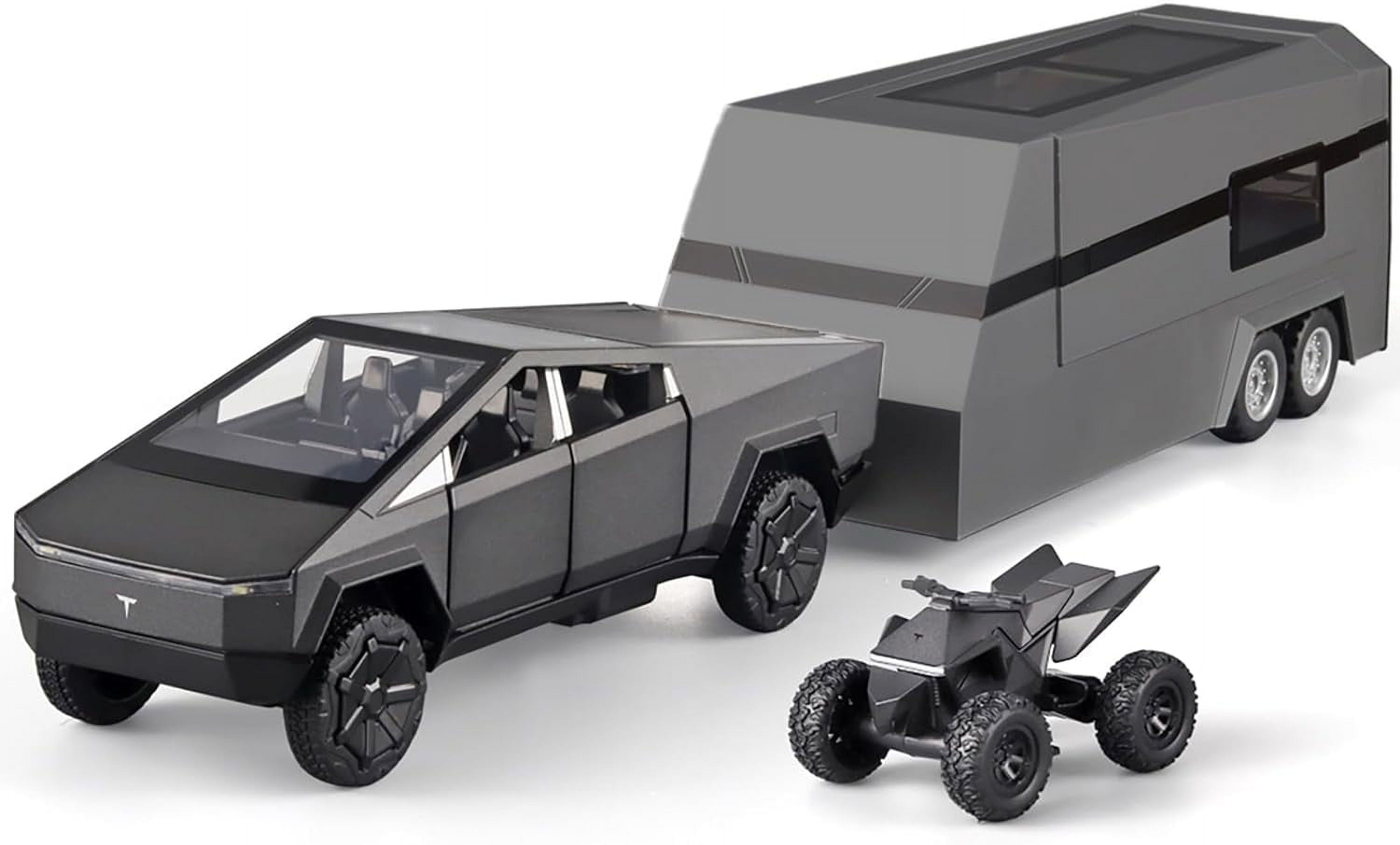 Toy Truck with RV Motorcycle for Boys Girl Women Adult Diecast Metal Tesla Cybertruck Model Pickup Truck 1 32 Toy Race Car with Sound and Light Gift Age for 6 7 8 Year Up Black