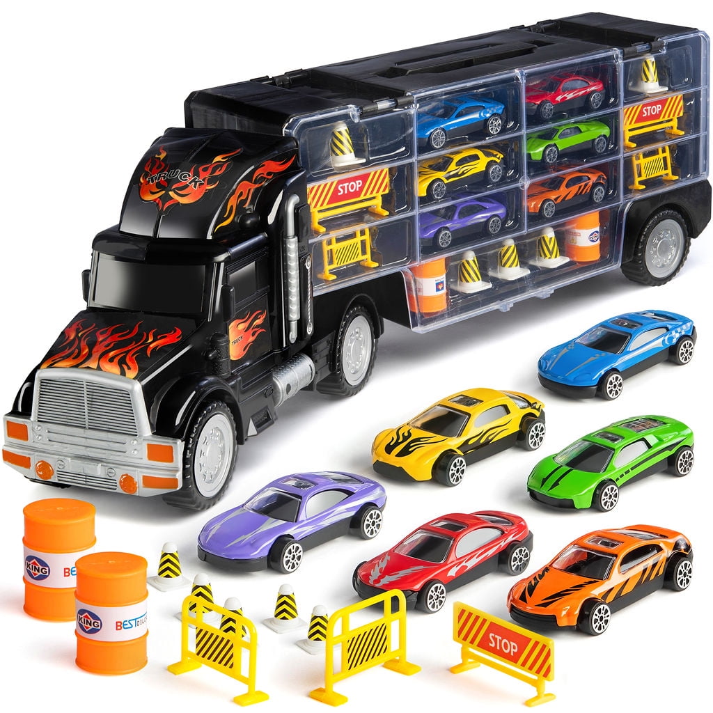 Play22USA Toy Truck Transport Car Carrier for Kids - Includes 6 Small ...