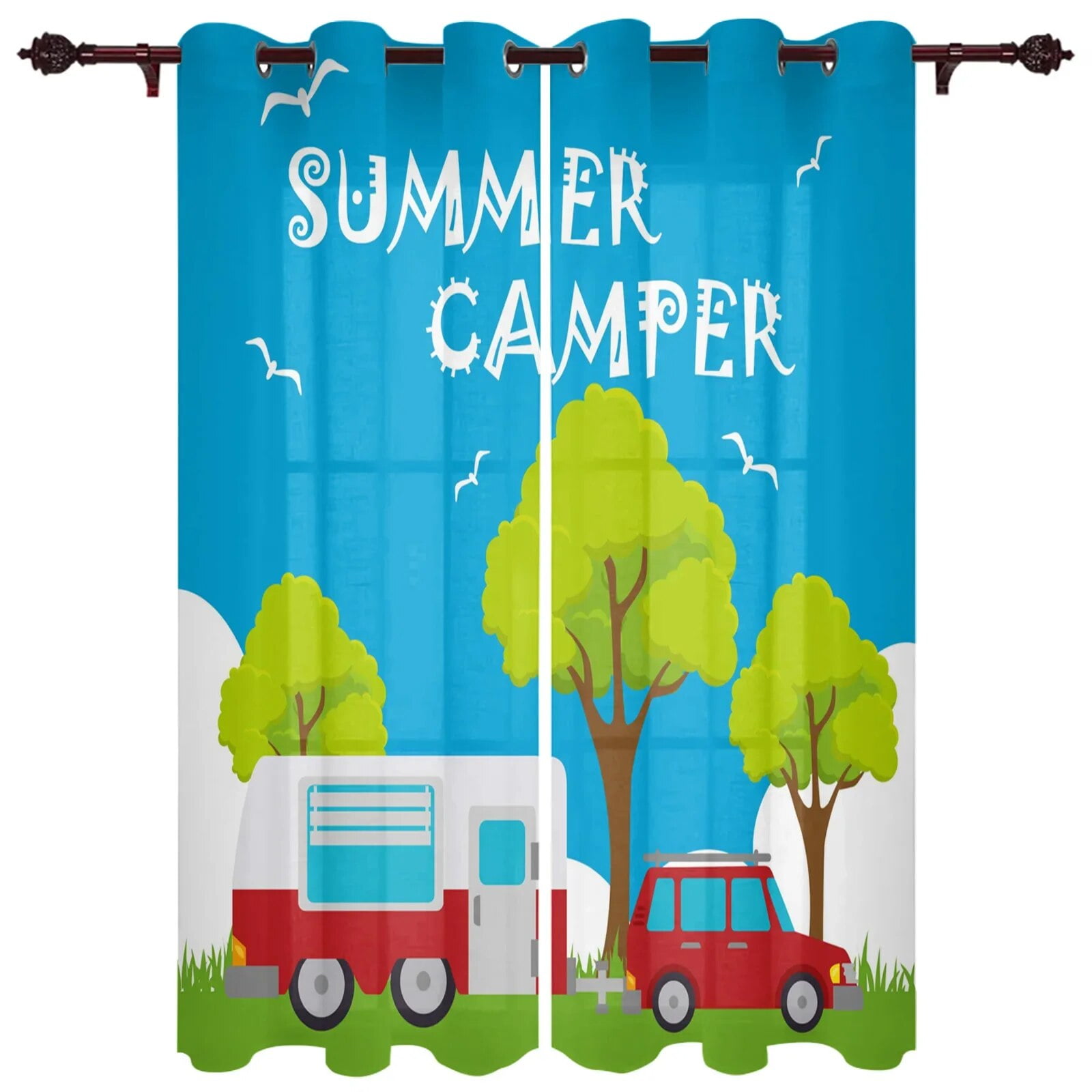Toy Window Curtains Blue Sky Camping Bus Trees Living Dining Room Kids ...