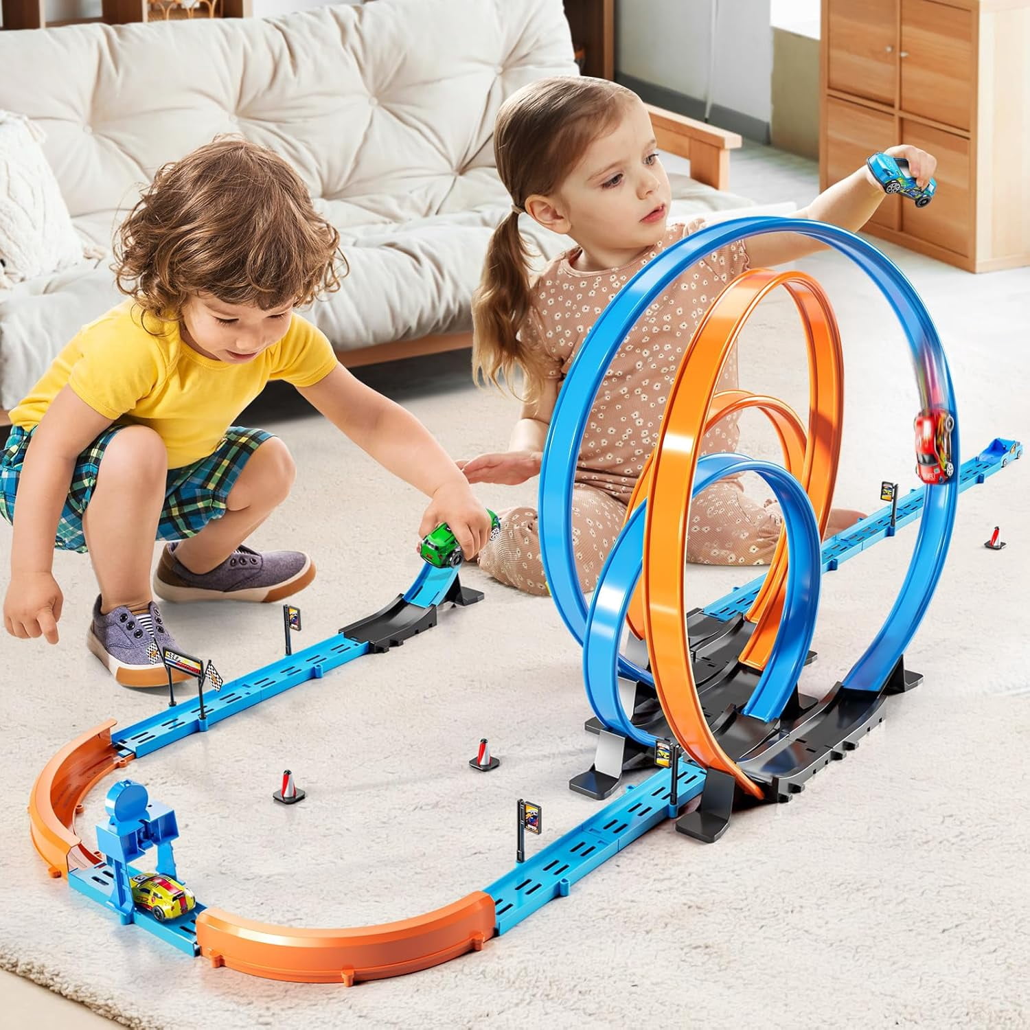 Toy car track set suitable for boys aged 3-5, 6-8, and 8-12. Includes a ...