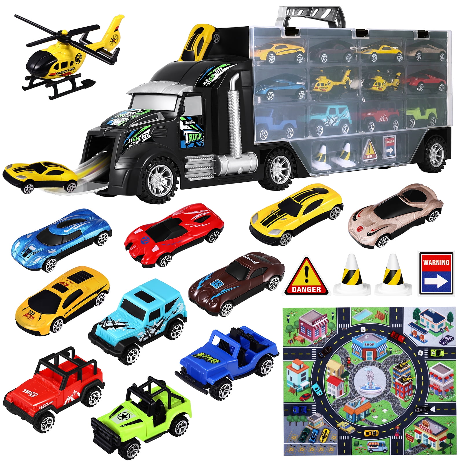 ToyKAKA Toy Truck Carrier & Heli Cars Play Set Transport Car Toys Lorry ...