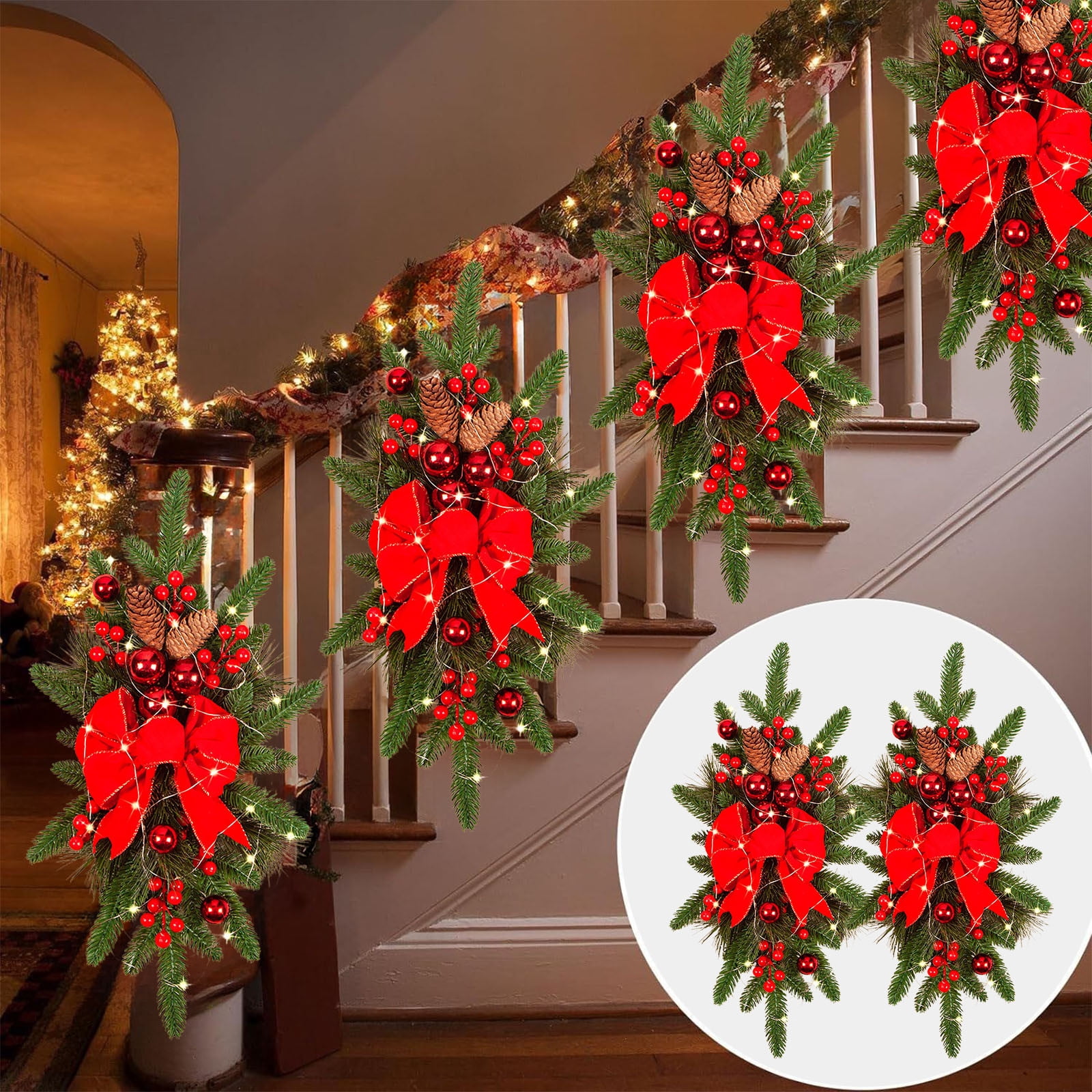 ToyKingdee Christmas Artificial Swags Xmas The Cordless Prelit Stairway ...