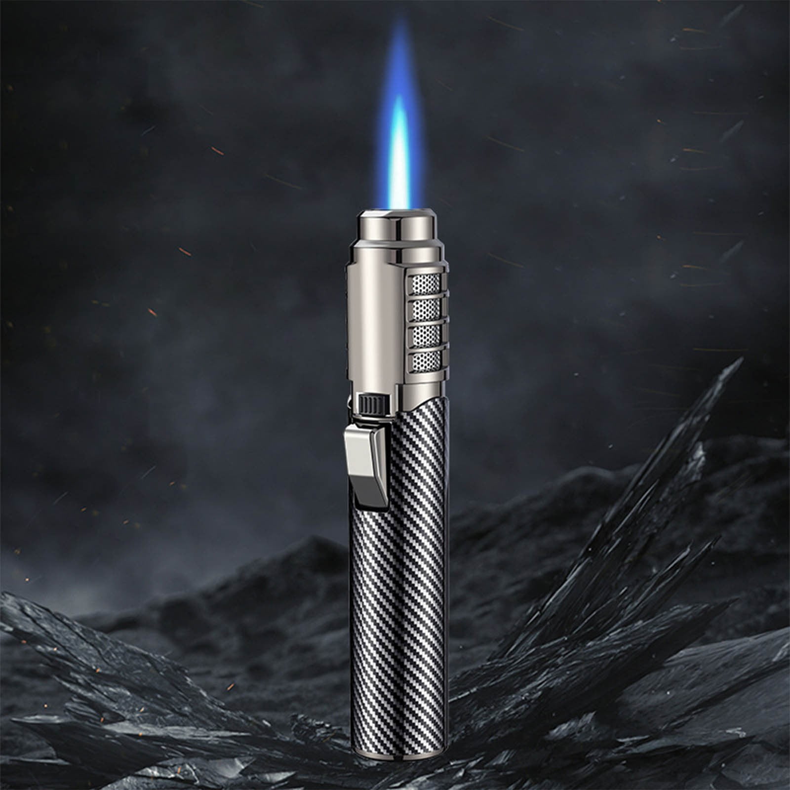 ToyKingdee Metal Carbon Fiber Straight Blue Flame Lighter, Rechargeable ...