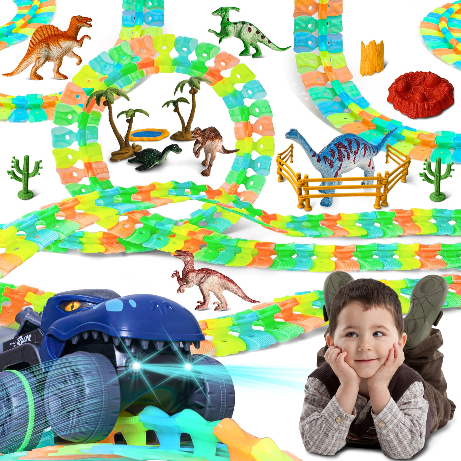 Toymii Glow Race Track, 202pcs Glow in the Dark Race Car Track ...