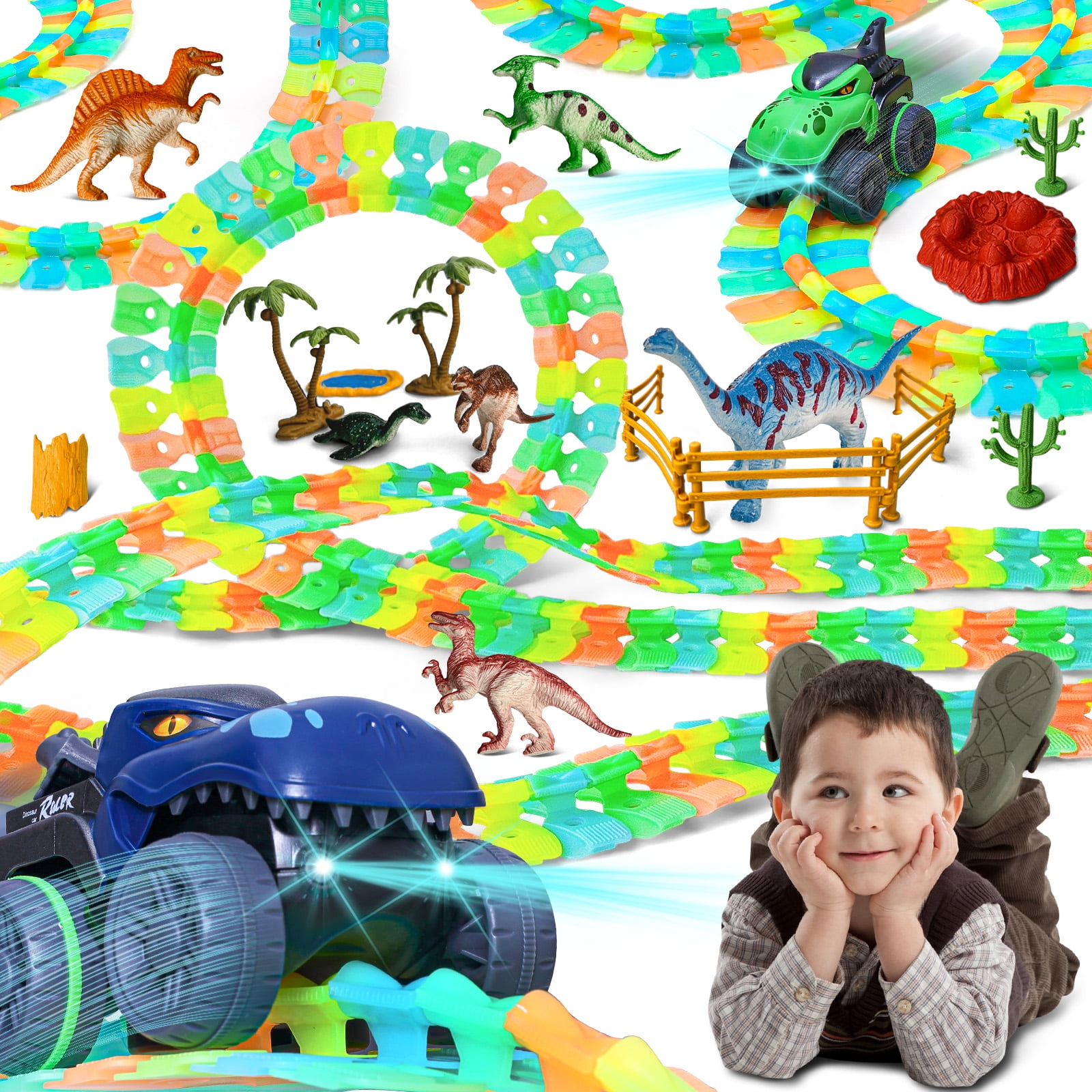 Toymii Glow Race Track, 324pcs Glow in the Dark Race Car Track ...