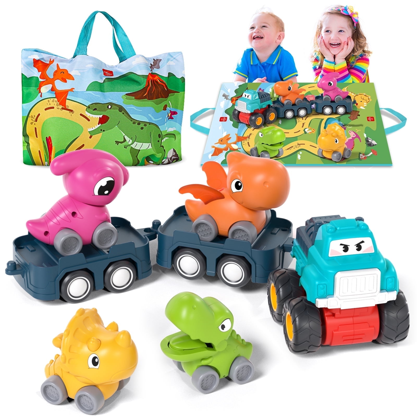 KWANITHINK Toddler Dinosaur Toy Cars, Friction Truck Trailer Set, Baby ...