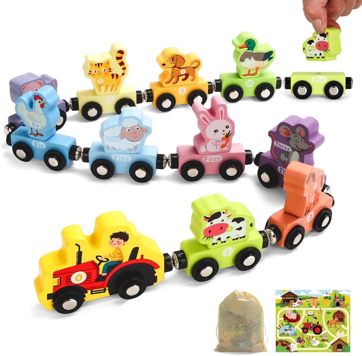 Toys for Toddlers, 11 Magnetic Wooden Animal Train Set for Toddlers ...