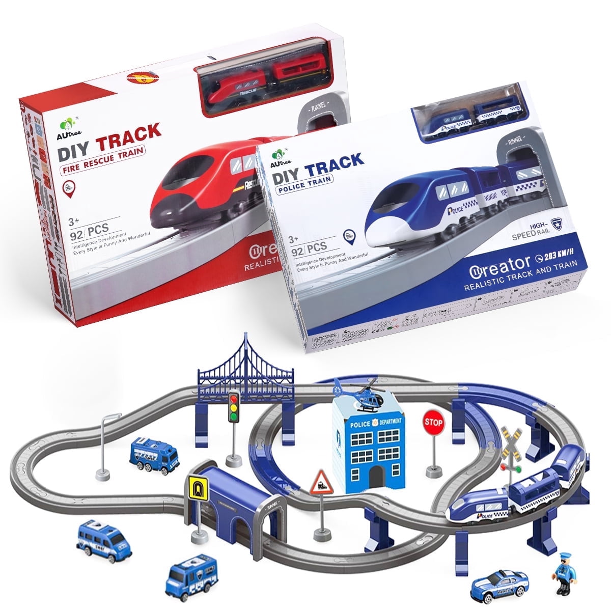 HDJ 92PCS Kids Train Set, Race Track with Cars, Police Toy, Copter ...
