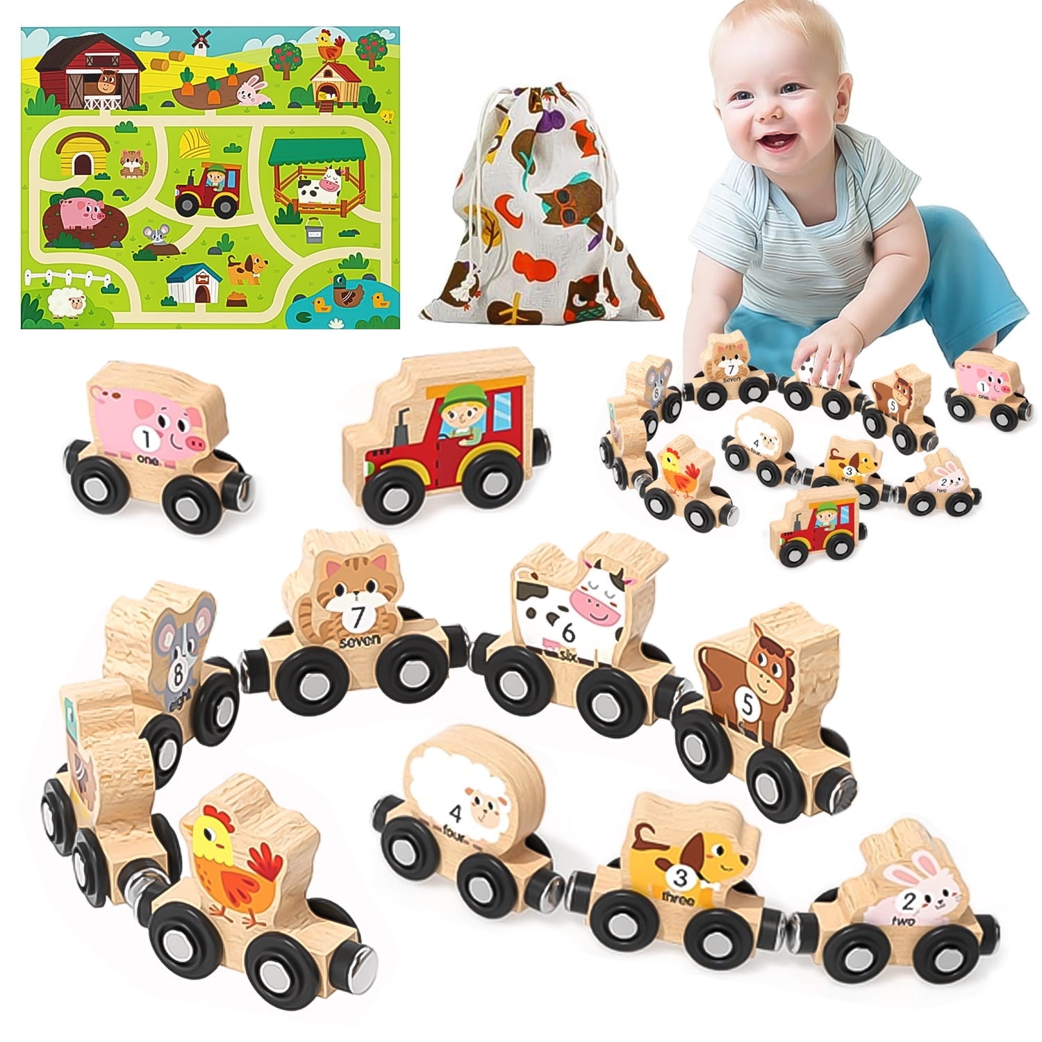 Toys for 1 2 3 Year Old Girls Boys, Wooden Farm Animals Train Set ...