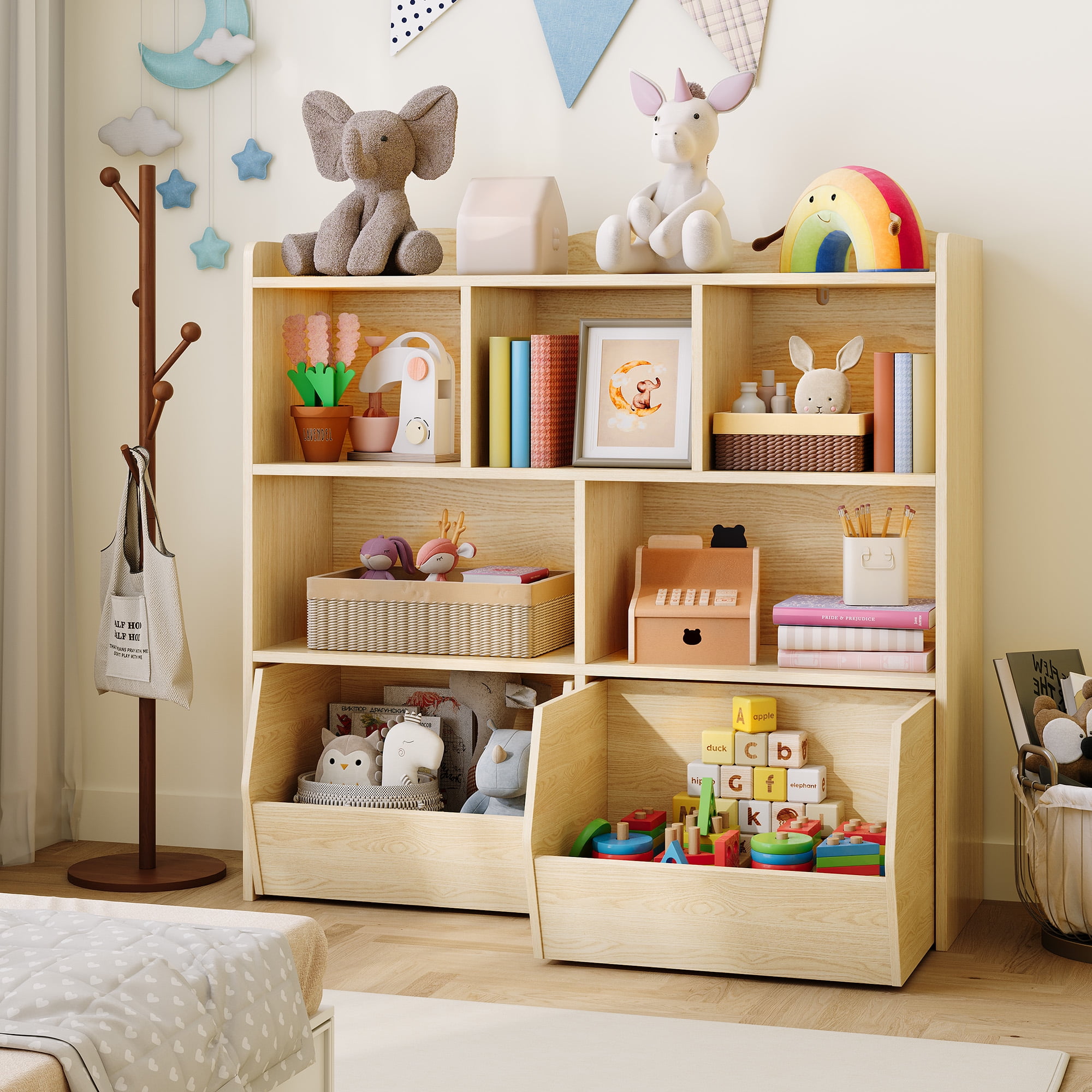 Toyssssssss Storage Organizer with Movable Drawers, Kids Bookshelf with ...