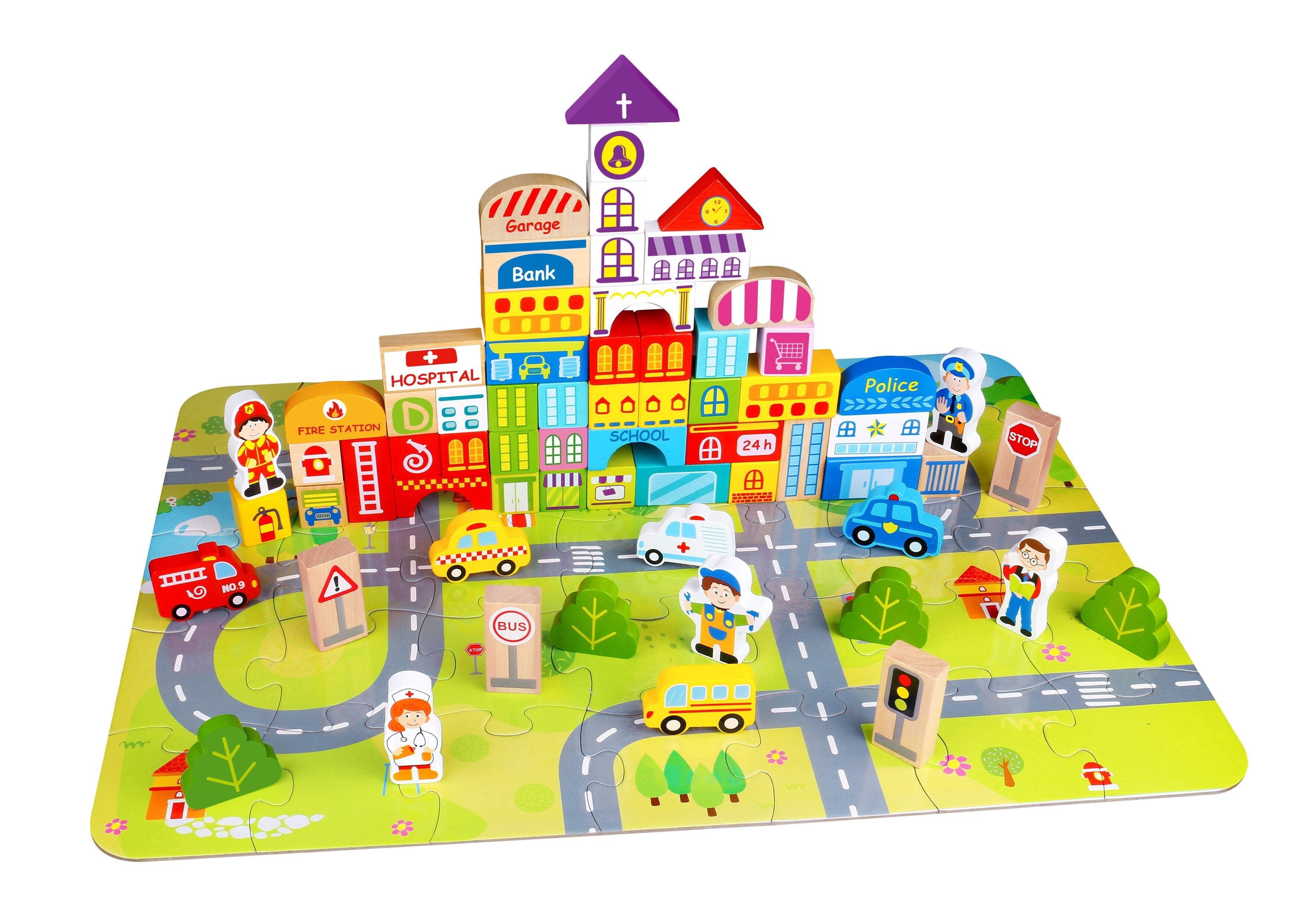 Toyster's 100-Piece Wooden City Building Blocks With Mat - Walmart.com