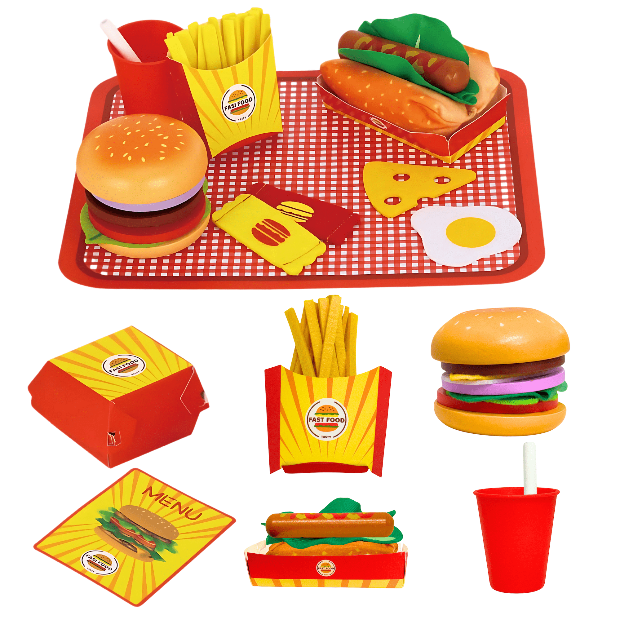 Toyster's Wooden Fast Food Play Set – Pretend Play Burger, Fries & Hot ...