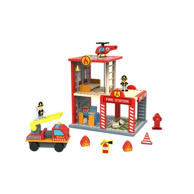 Toysters My Big Fire Station Wooden Emergency Vehicle Playset | Toddler ...
