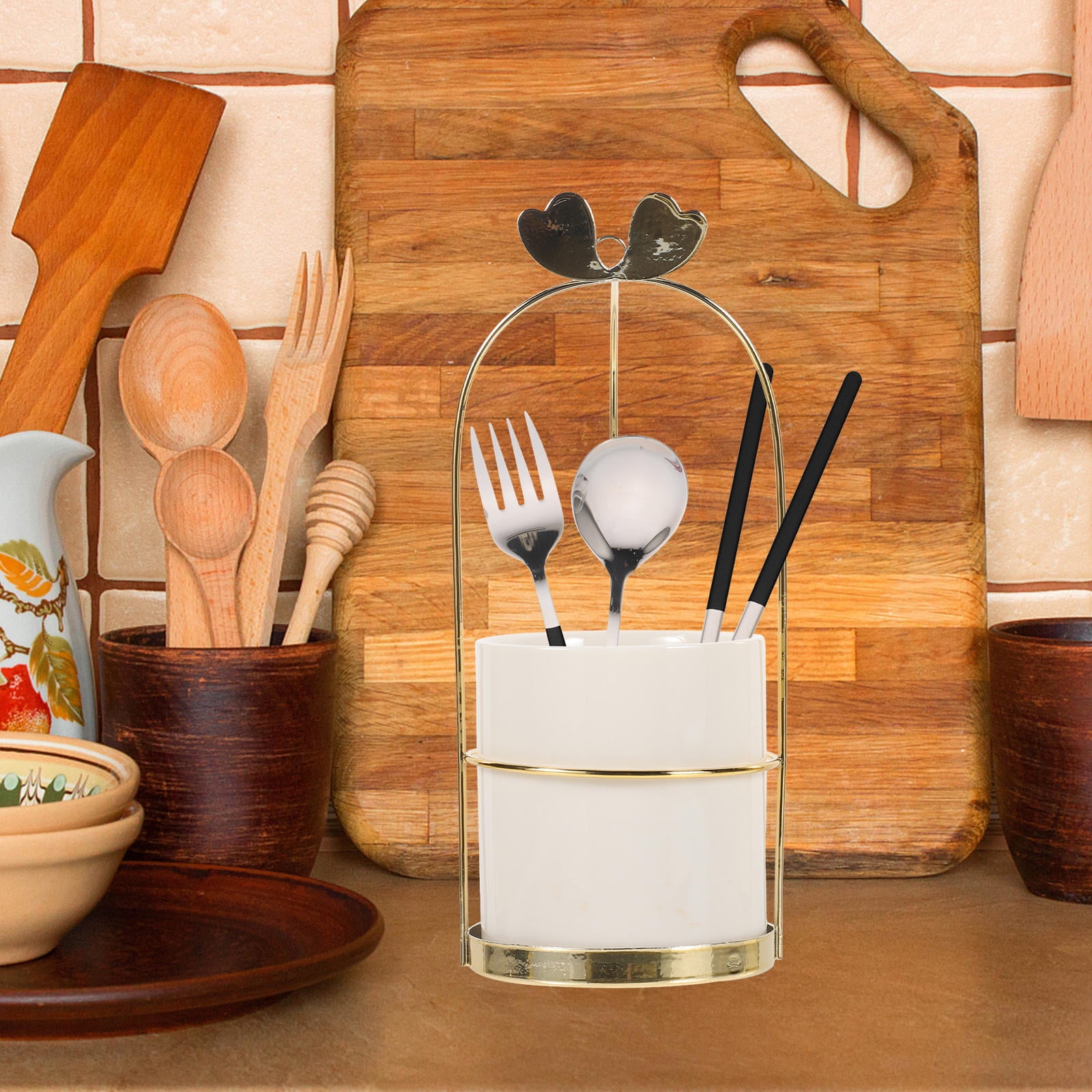 Toyvian Golden Ceramic Utensil Holder for Countertop Kitchen Flatware ...