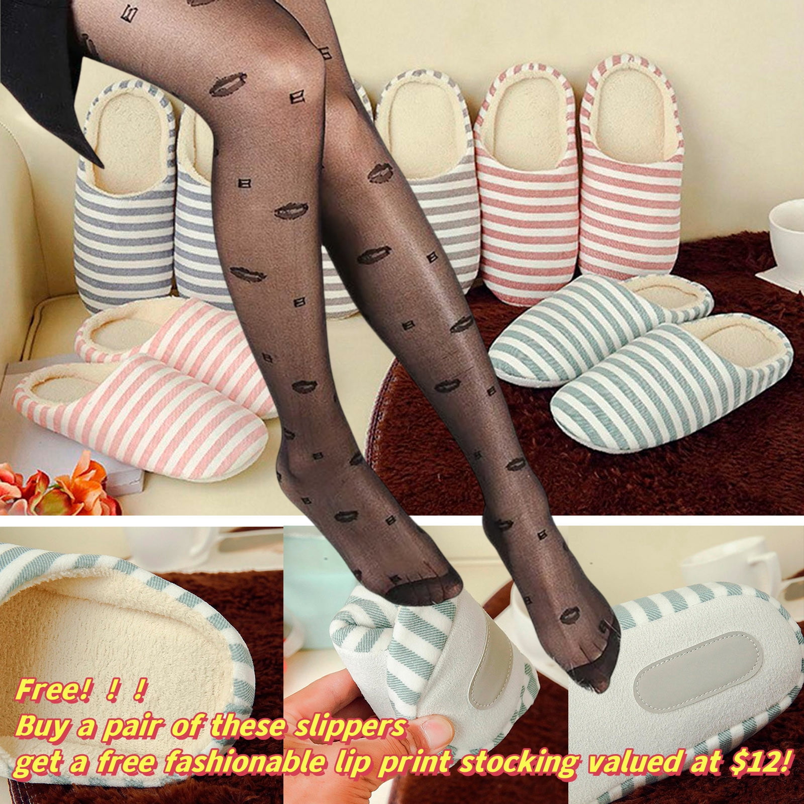 Tponi House Slippers For Women Striped Closed Toe Pink Thin warmth ...