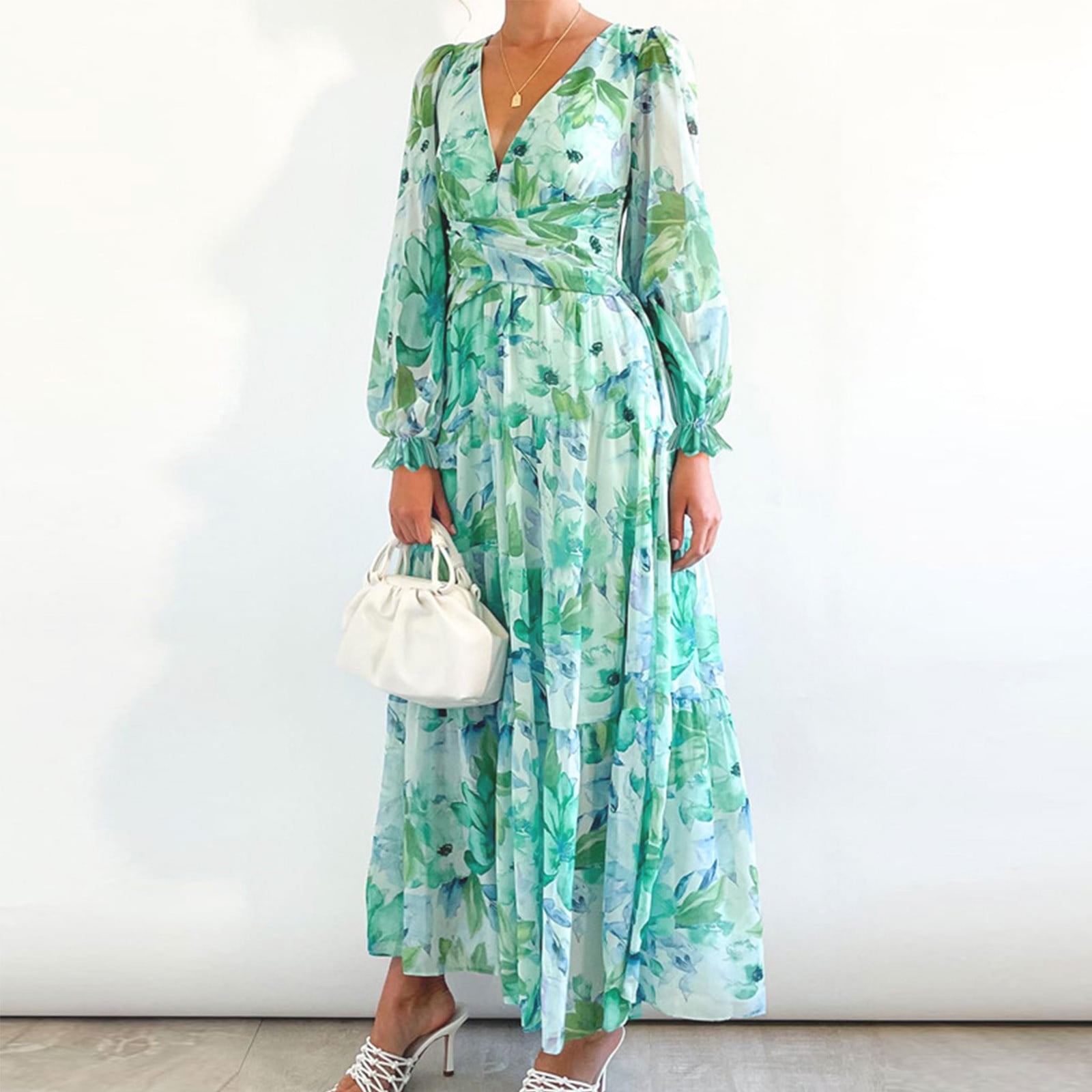 Tponi Midi Dresses Maxi Mid-Length Deep V-Neck Tab Long Sleeve Green ...