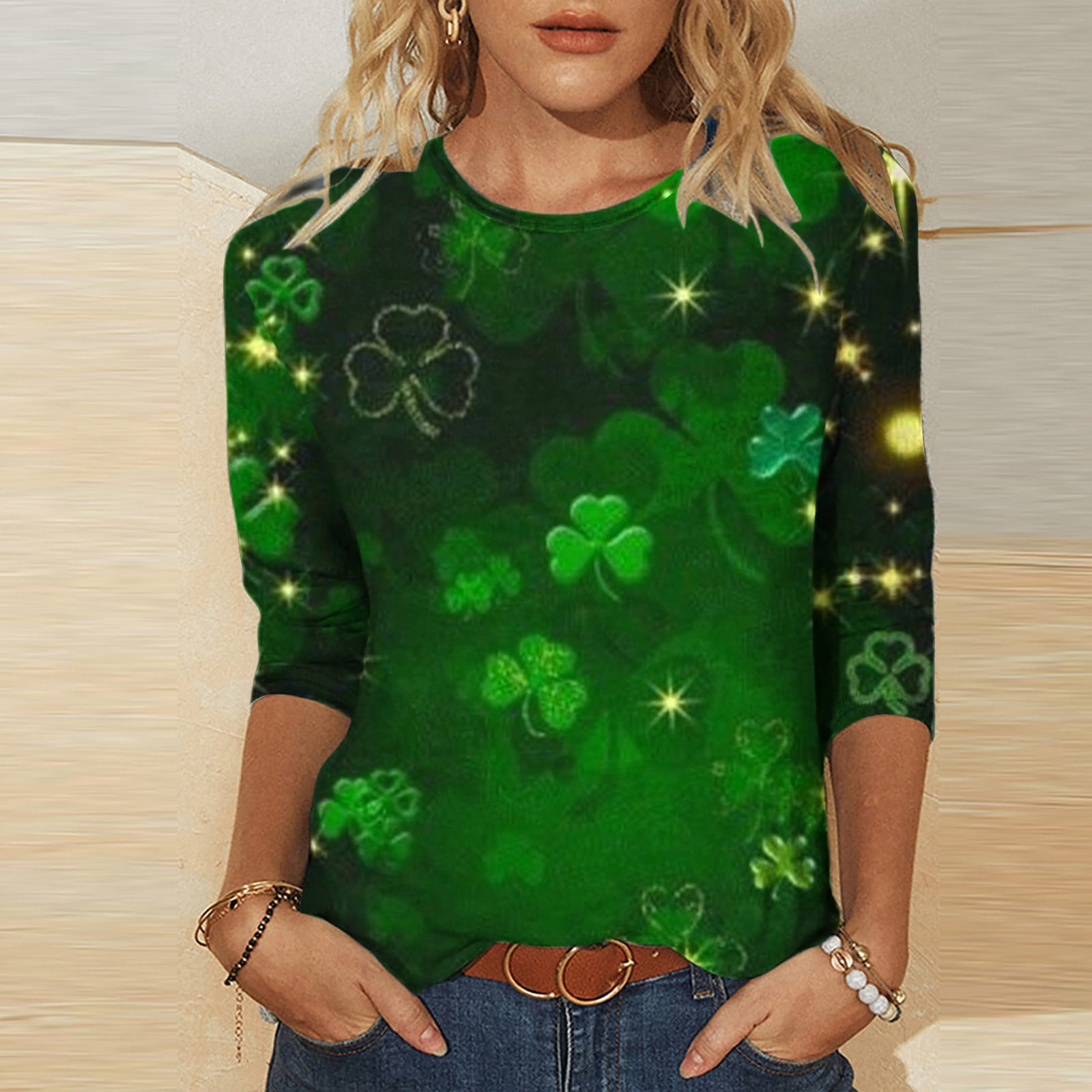 Tponi Saint Patricks Day Shirts Crew Neck Top 3 4 Sleeve Shamrock