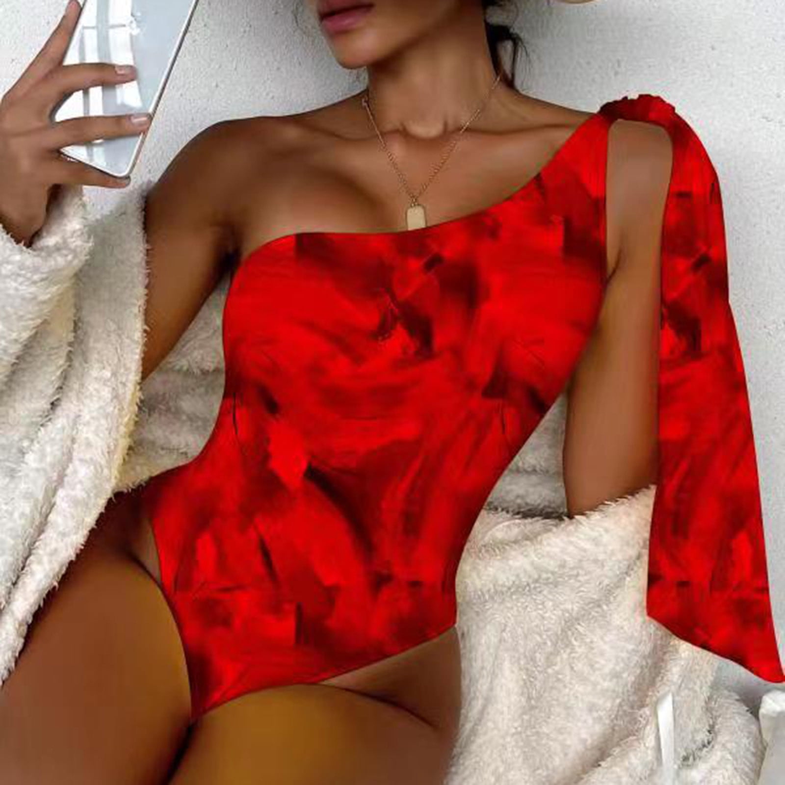 Tponi Sexy One Piece Swimsuit For Women One Piece Red One Shoulder