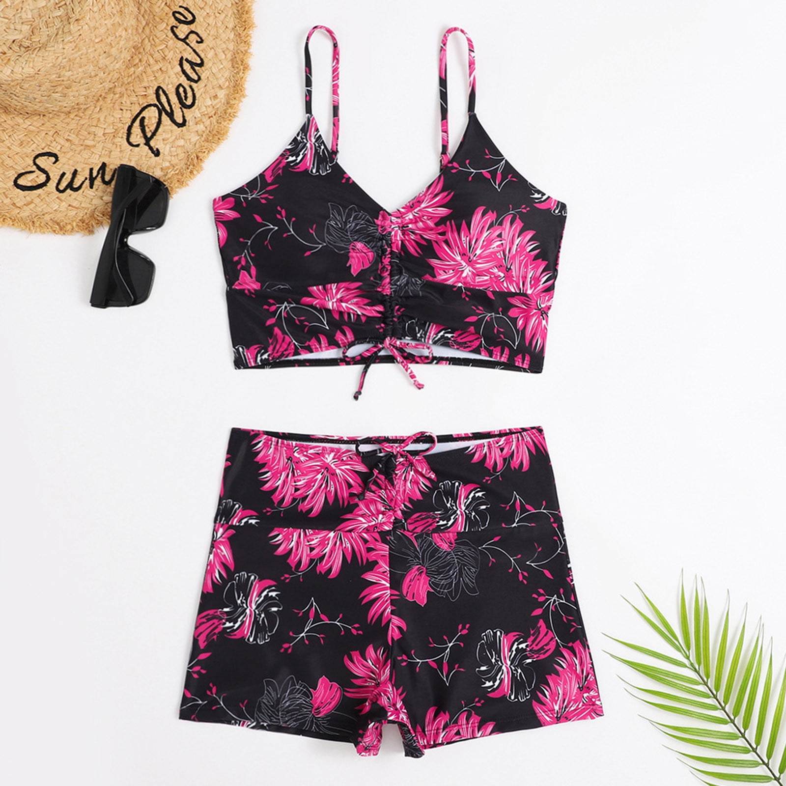 Tponi Sexy Swimsuit For Women Two Piece Sets Elastic Hot Pink Swimsuit