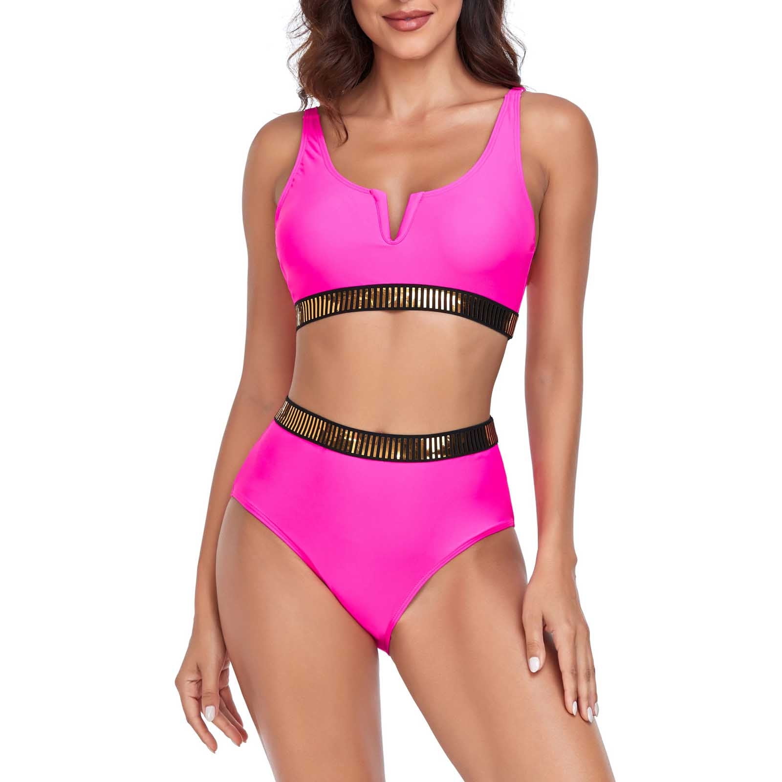 Tponi Sexy Swimsuit For Women Two Piece Sets Elastic Hot Pink Swimsuit