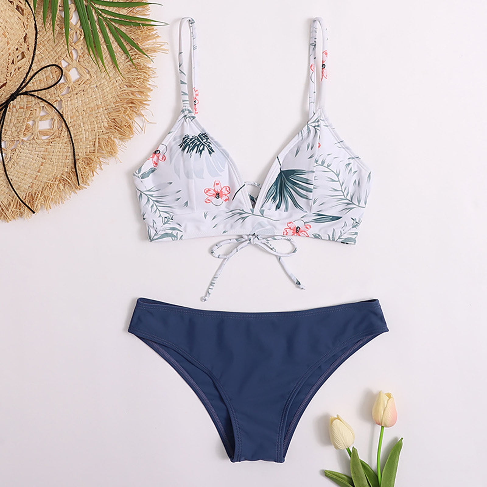 Tponi Sexy Swimsuit For Women Two Piece Sets Elastic Navy Plus Size