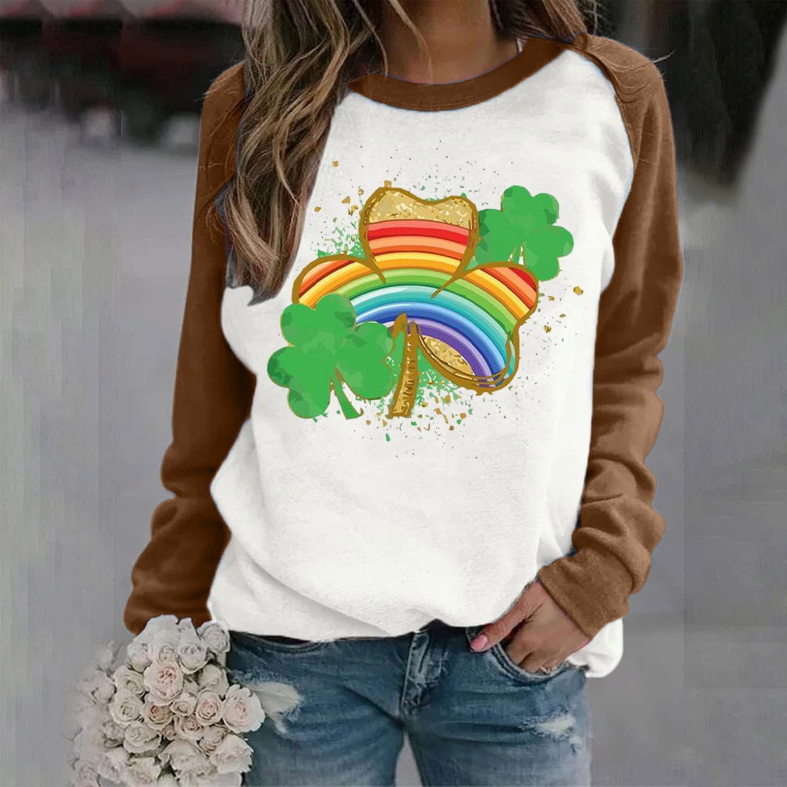 Tponi St Patricks Day Shirts Crew Neck Top Long Sleeve Shamrock ...