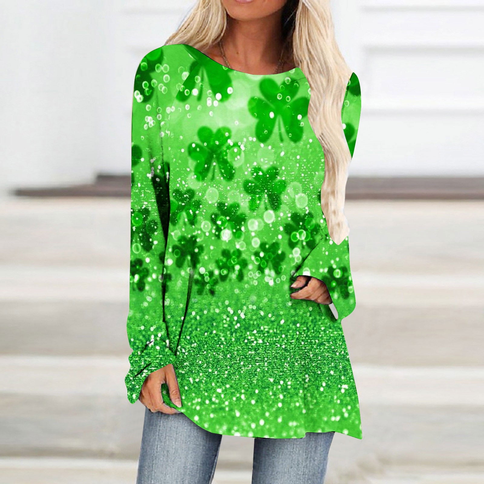 Tponi St Patricks Day Womens Shirts Crew Neck Top Long Sleeve Shamrock