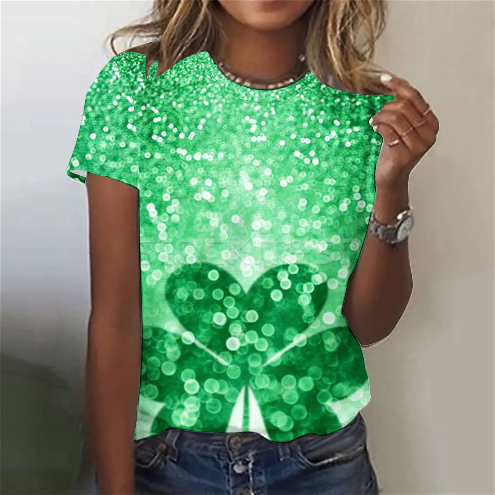 Tponi St Patricks Day Womens Shirts Crew Neck Top Short Sleeve Shamrock