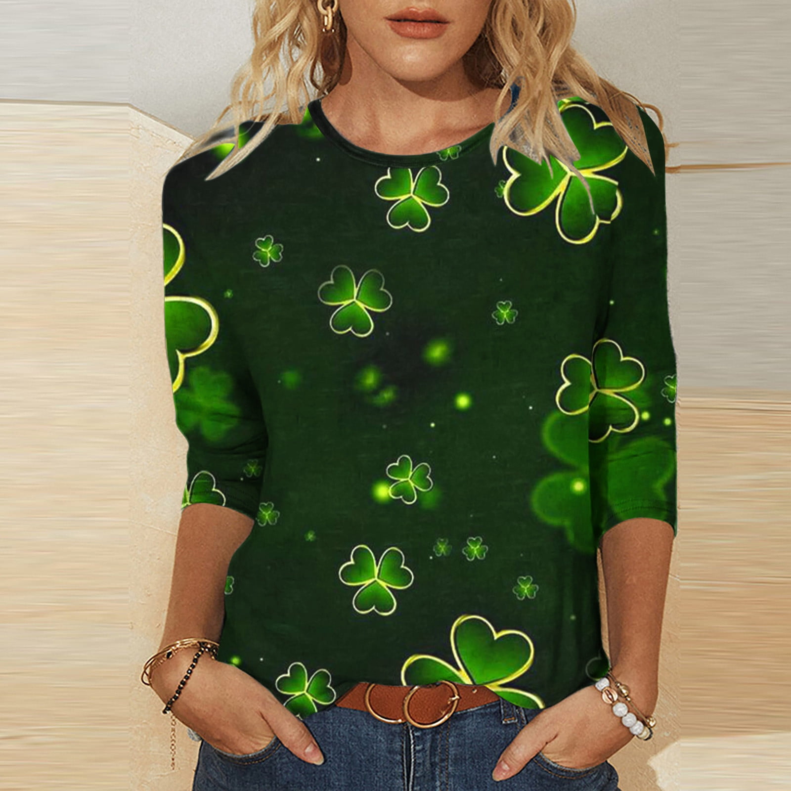 Tponi St Pattys Day Shirts Women Crew Neck Top 3 4 Sleeve Shamrock