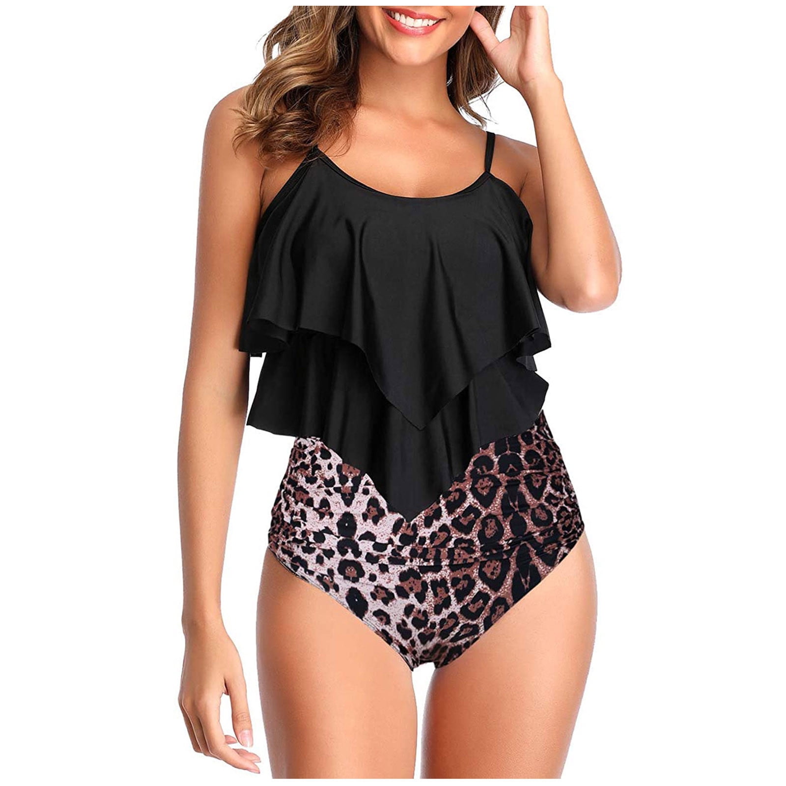 Tponi Swimsuit For Women 2024 Two Piece Sets Elastic Black Ruffle