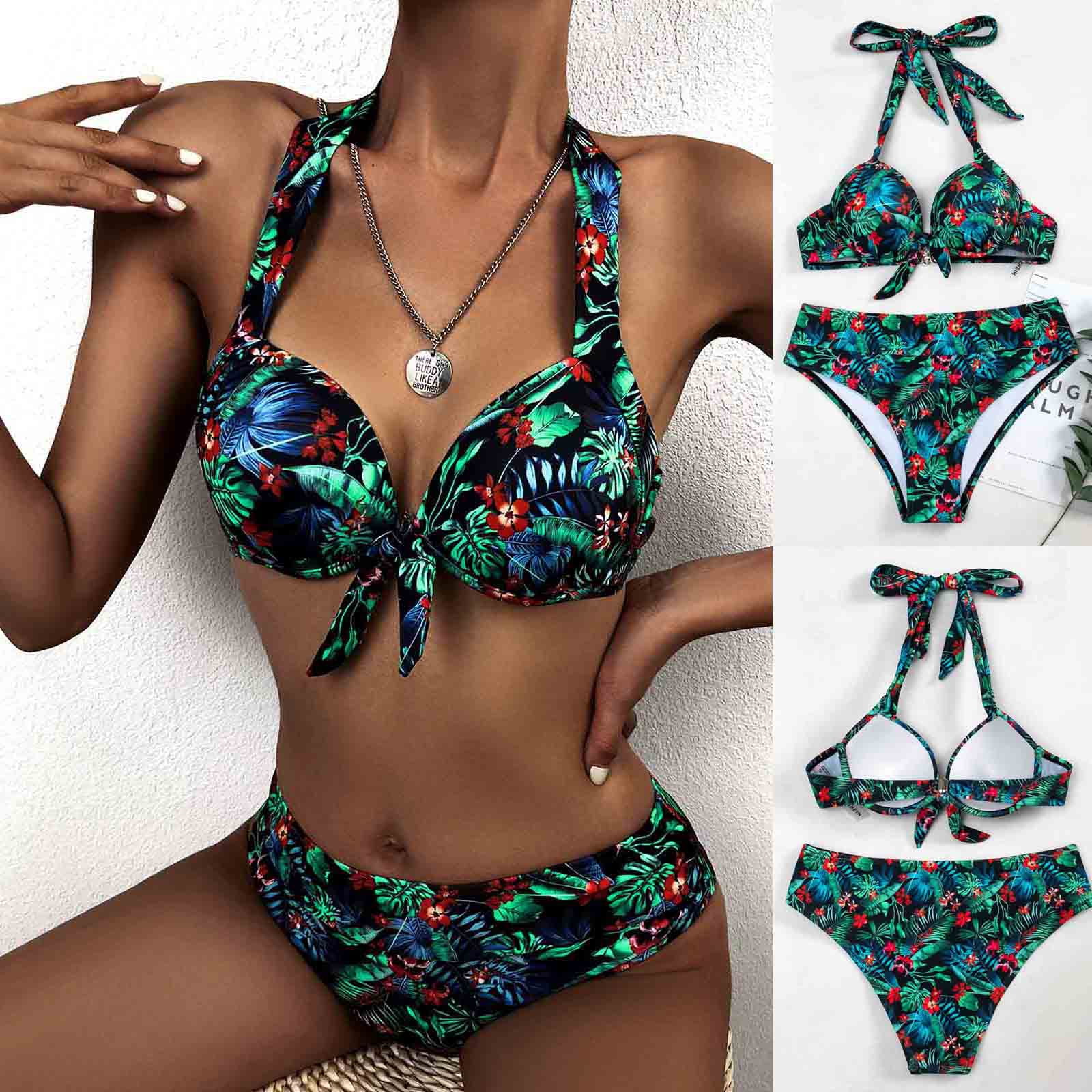 Tponi Swimsuits For Curvy Women Two Piece Sets Elastic Green Halter
