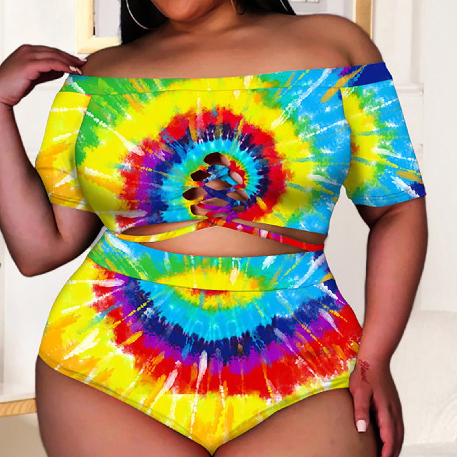 Tponi Swimsuits For Curvy Women Two Piece Sets Elastic Multicolor Plus