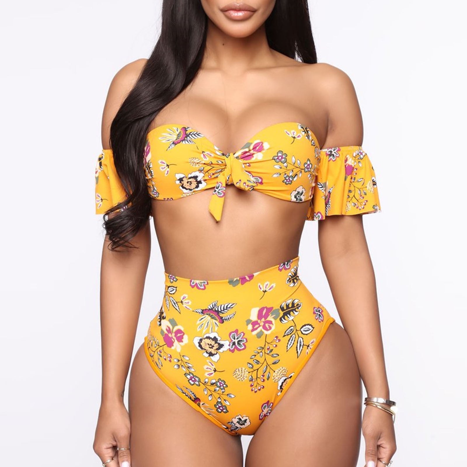 Tponi Swimsuits For Curvy Women Two Piece Sets Elastic Yellow Plus Size