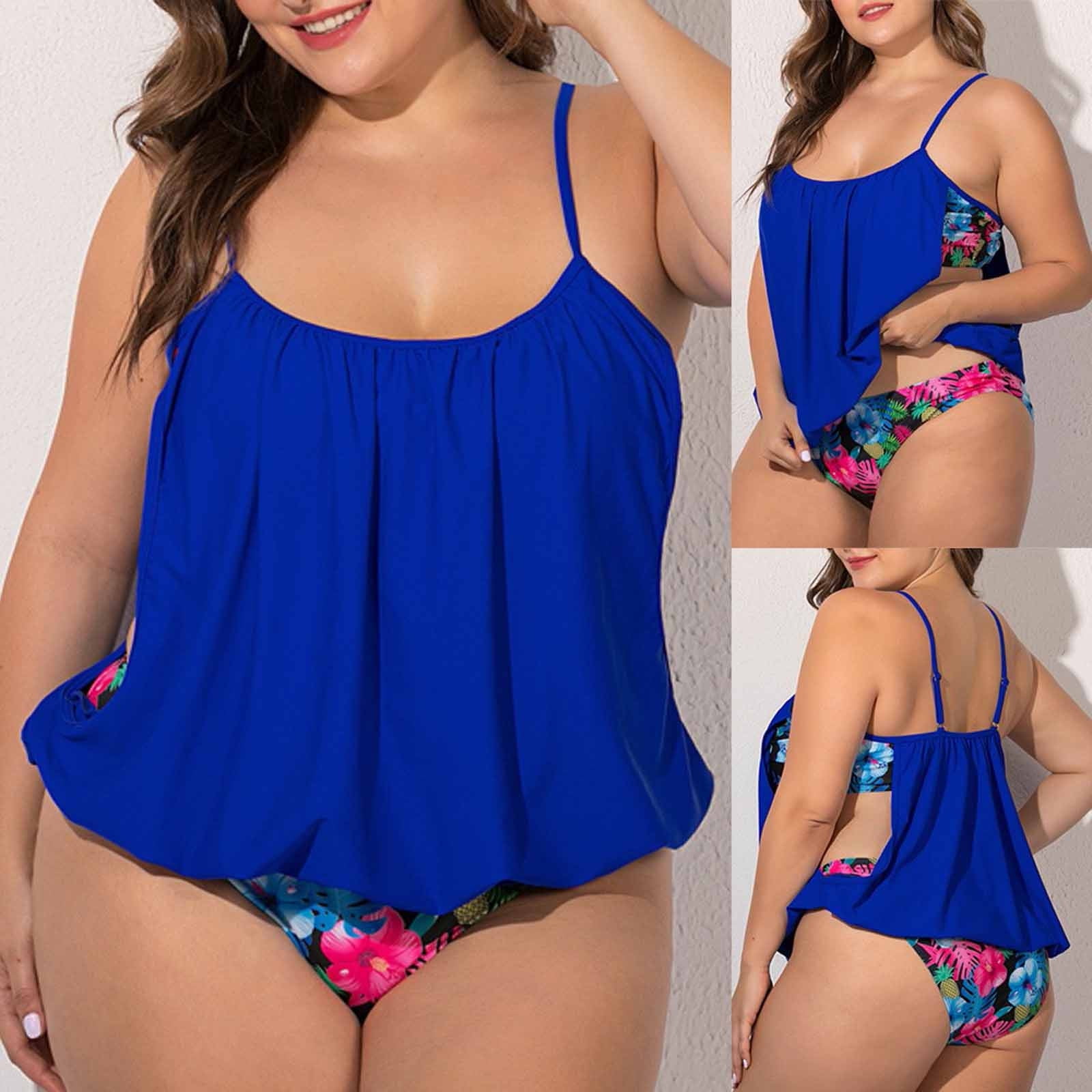 Tponi Womens Swimsuits Tummy Control Two Piece Sets Blue Plus Size