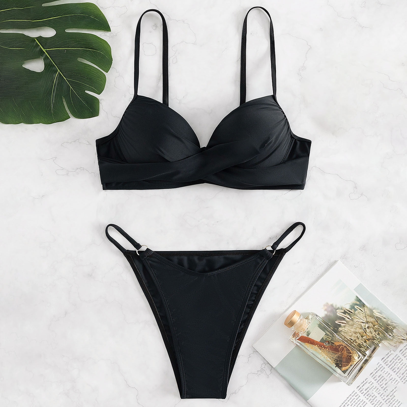 Tponi Womens Swimsuits Tummy Control Two Piece Sets Elastic Black