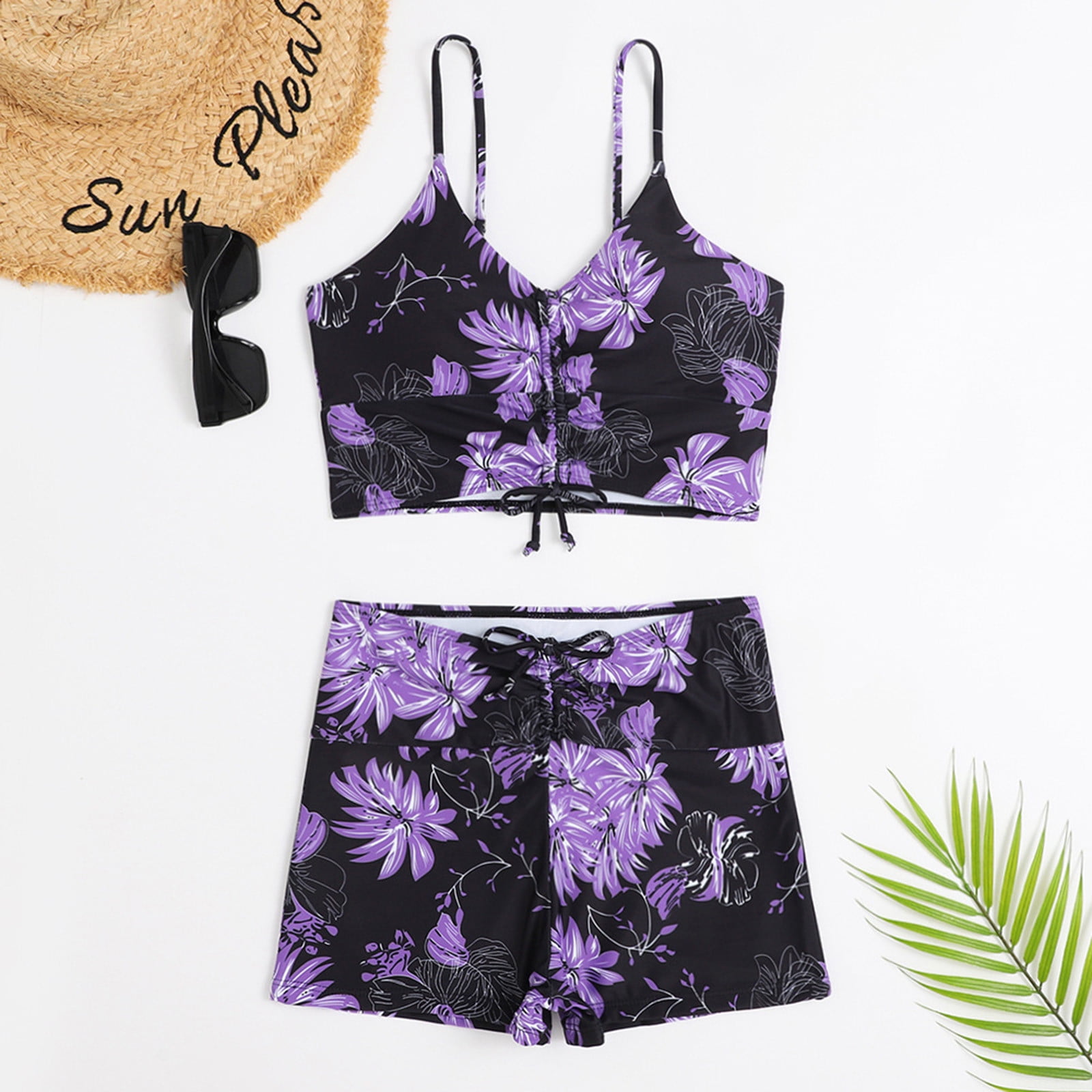 Tponi Womens Swimsuits Tummy Control Two-Piece Sets Elastic Purple ...