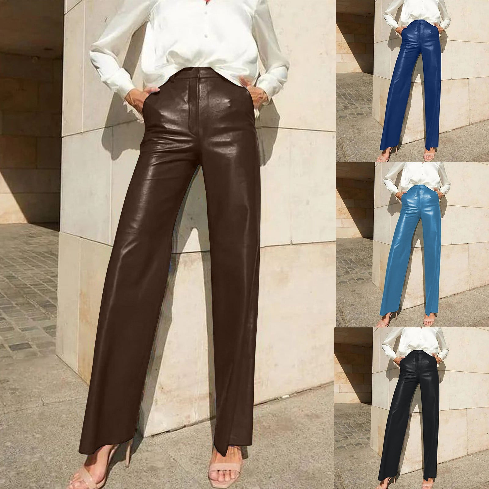 Tqyyweavej Women's Faux Leather Pants High Rise Vintage Straight Leg PU ...