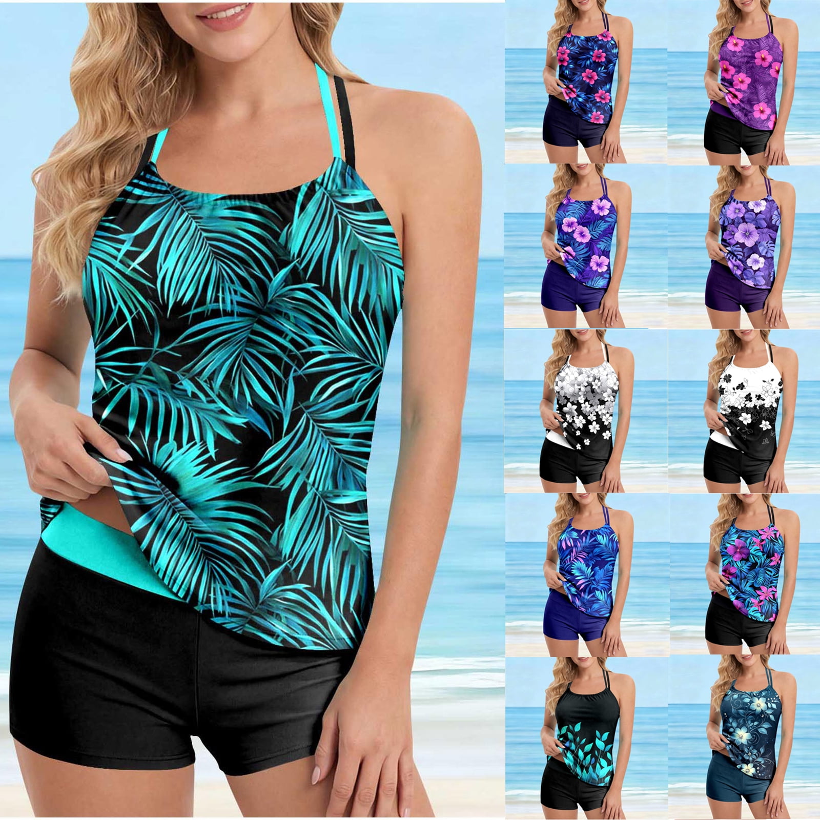 Tqyyweavej Women's Halter Tankini Swimsuits Adjustable Straps Print ...