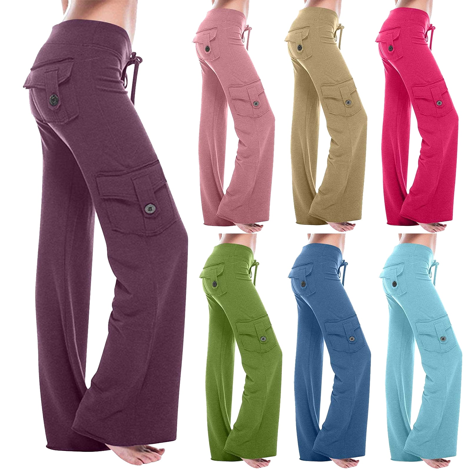 Tqyyweavej Women's Plus Size Cargo Pants Drawstring Wide Leg Solid ...