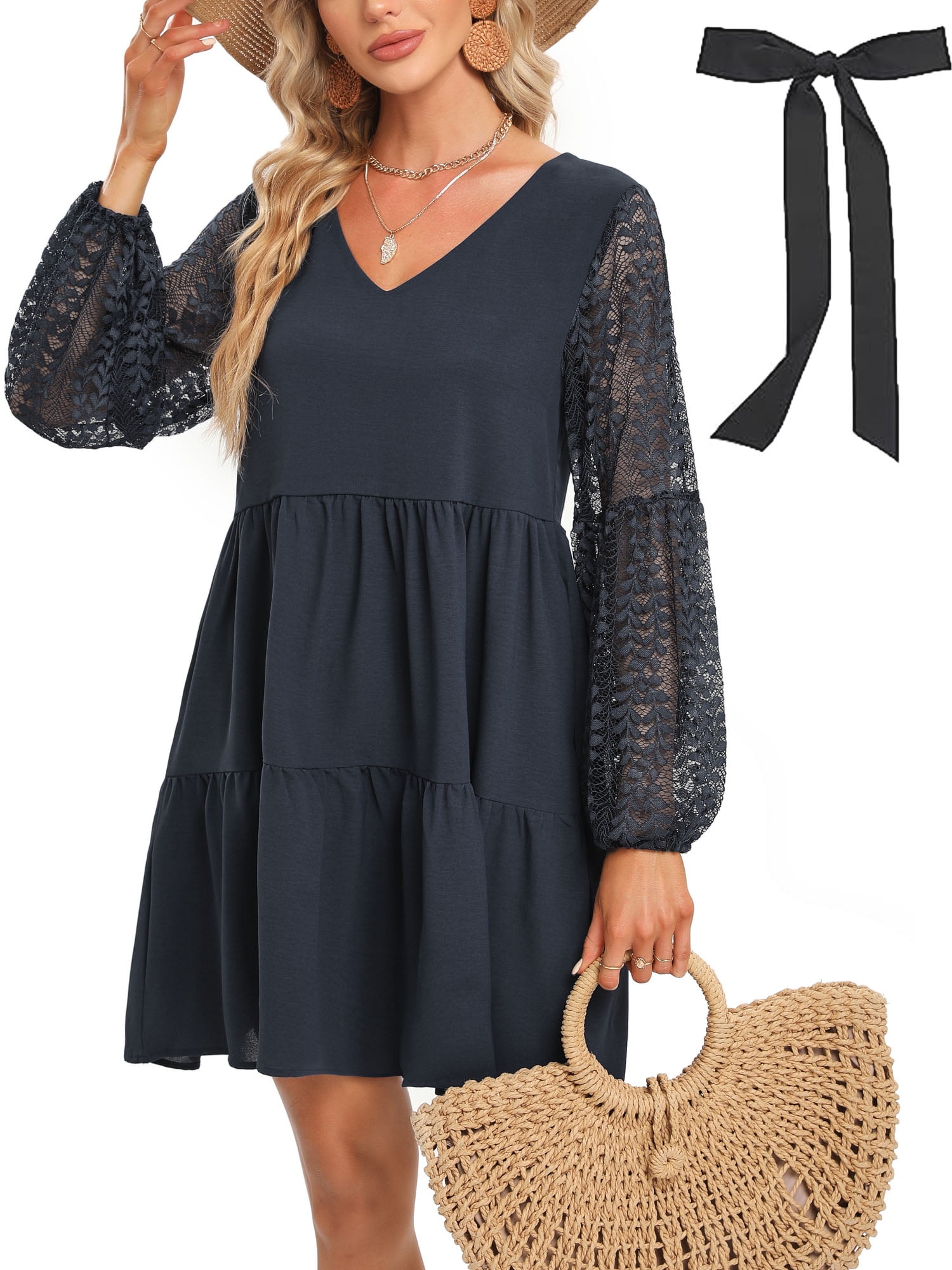 Très Chic Mailanda Women 2023 Summer Casual Dresses V Neck Babydoll Dress with Belt and Lace ...