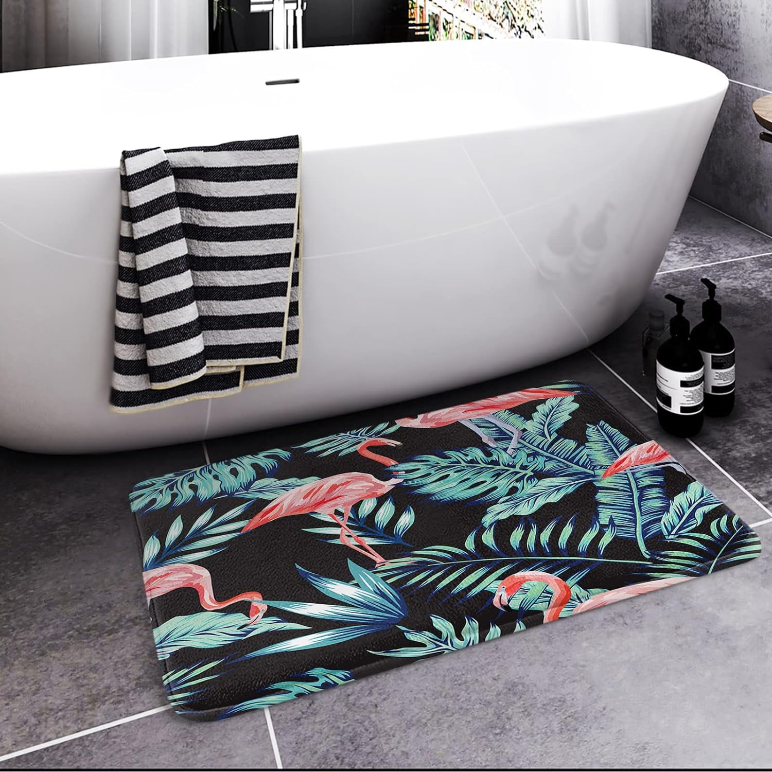 TraQunn Black Doormat Tropical Palm Leaves and Flamingo Bathroom Rugs ...