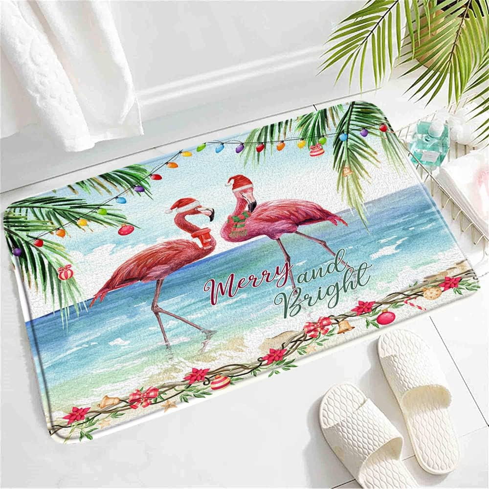 TraQunn Pink Christmas Flamingo Bath Mat Decor Gift Vintage Merry ...