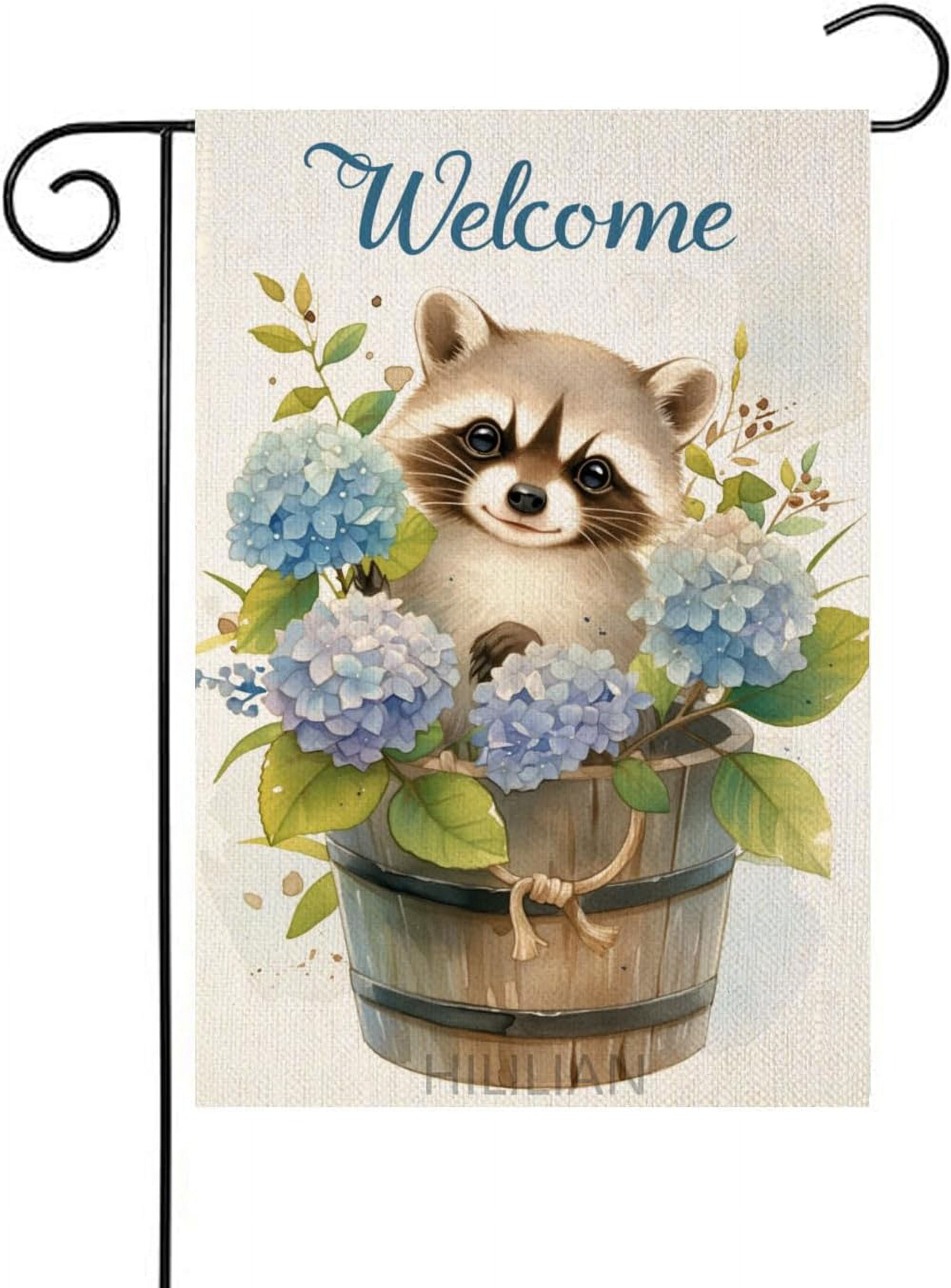 TraQunn Summer Garden Flag Raccoon Welcome Hydrangea 12x18 Inch Double ...