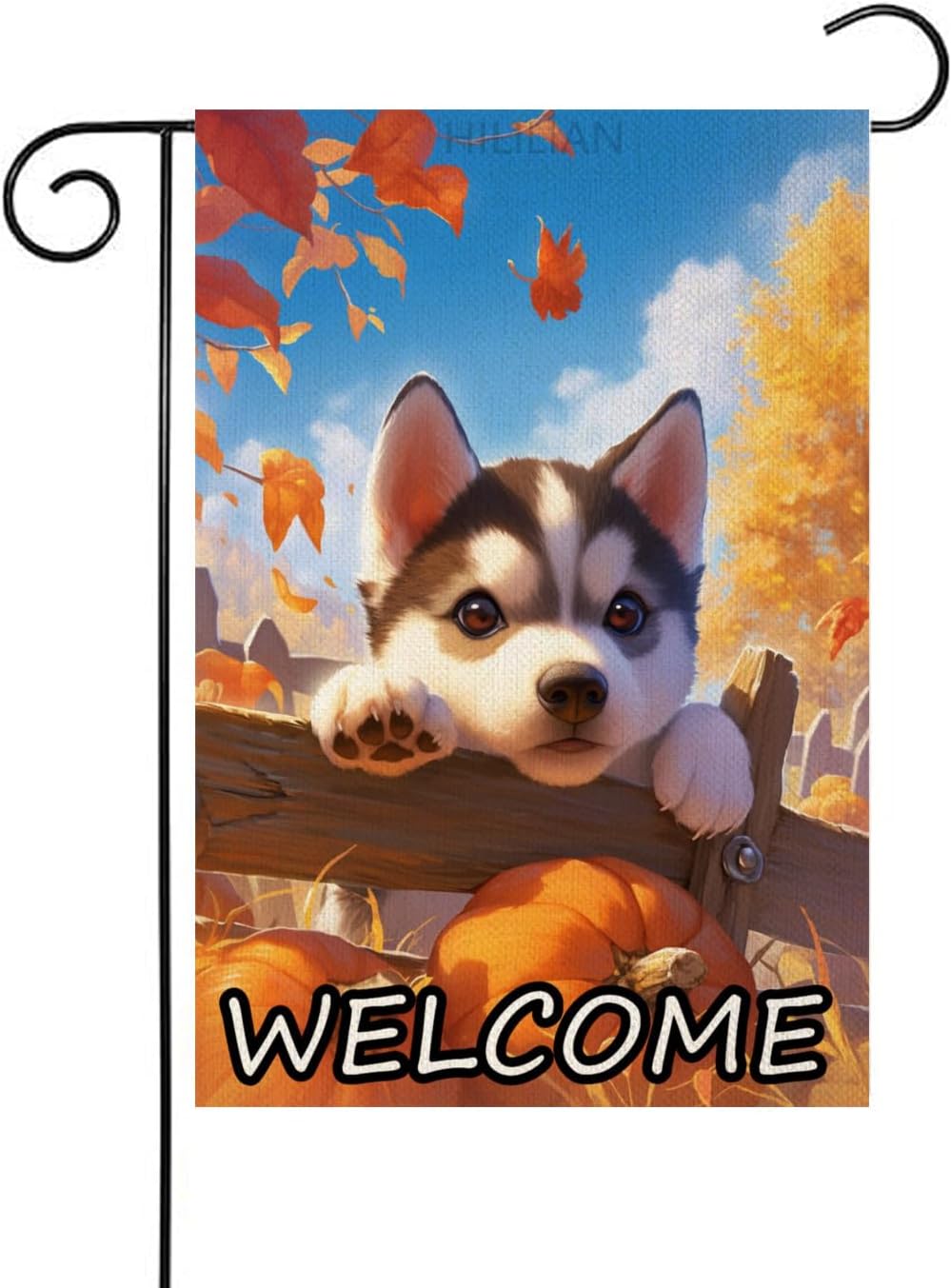 TraQunn Welcome Husky Flag 12x18 Inch Double Sided Burlap Small Pumpkin Fence Autumn Leaves Dog ...