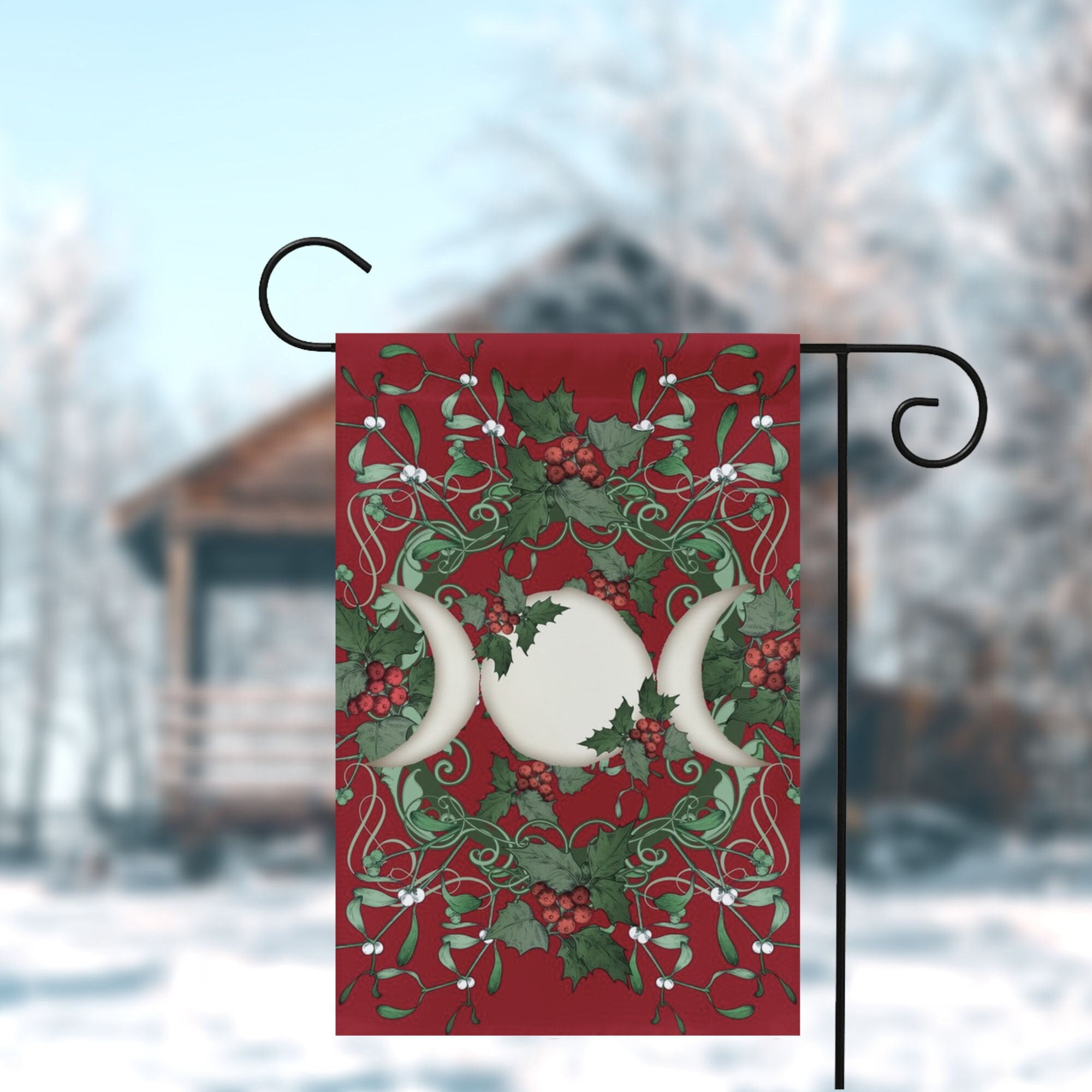 TraQunn Yule Garden Flag Red Holly Triple Moon Banner Sign Winter ...