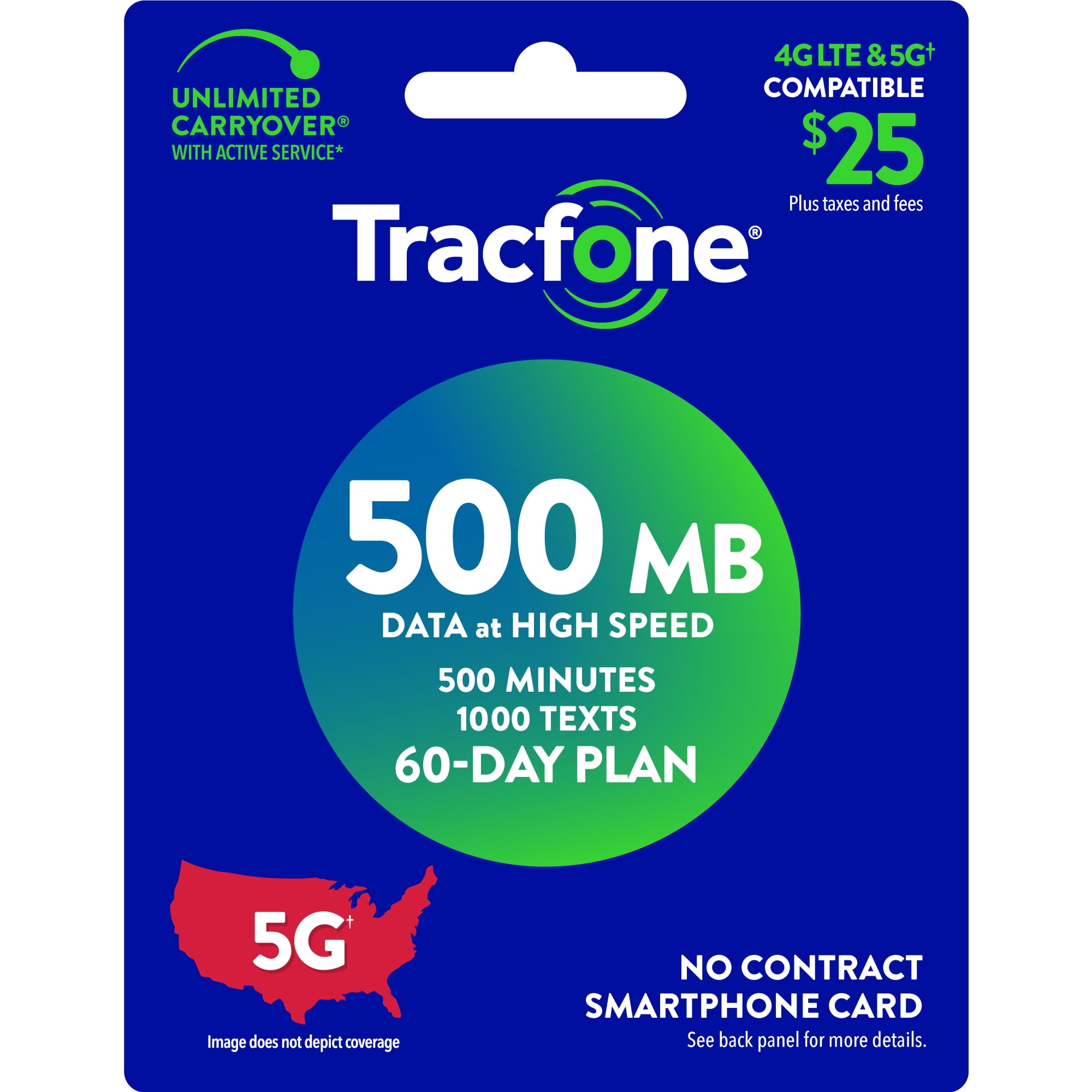Tracfone $25 Smartphone 60 Day Prepaid Plan, 500 Min/1000 Txt/500 MB ...
