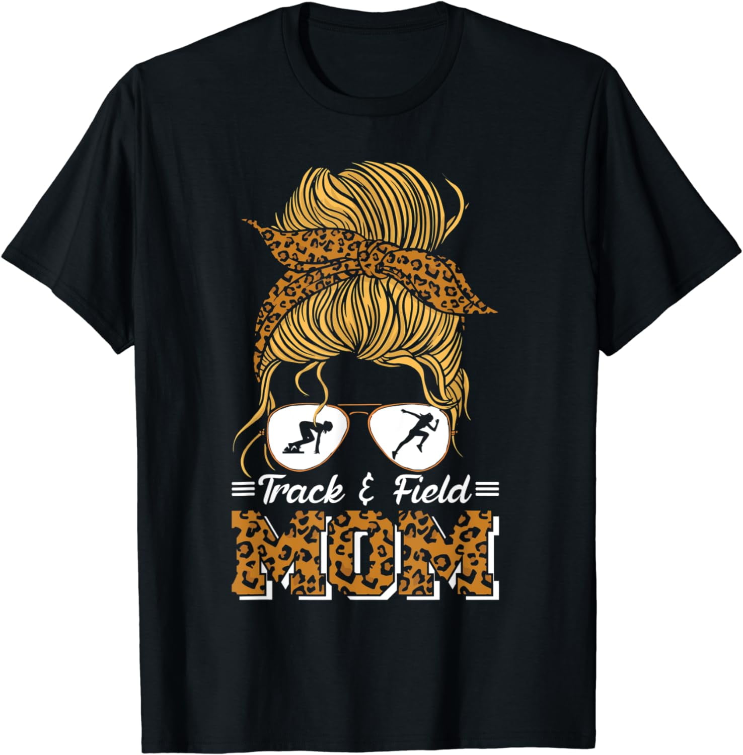 Track and Field Mom Runner Leopard Print Bandana Messy Bun T-Shirt ...