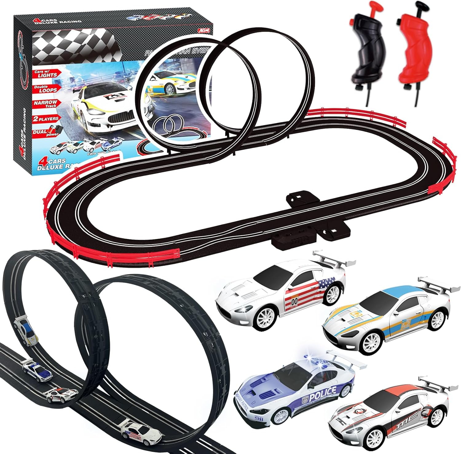 Track racing set, including 4 unique track racing cars, battery-powered ...