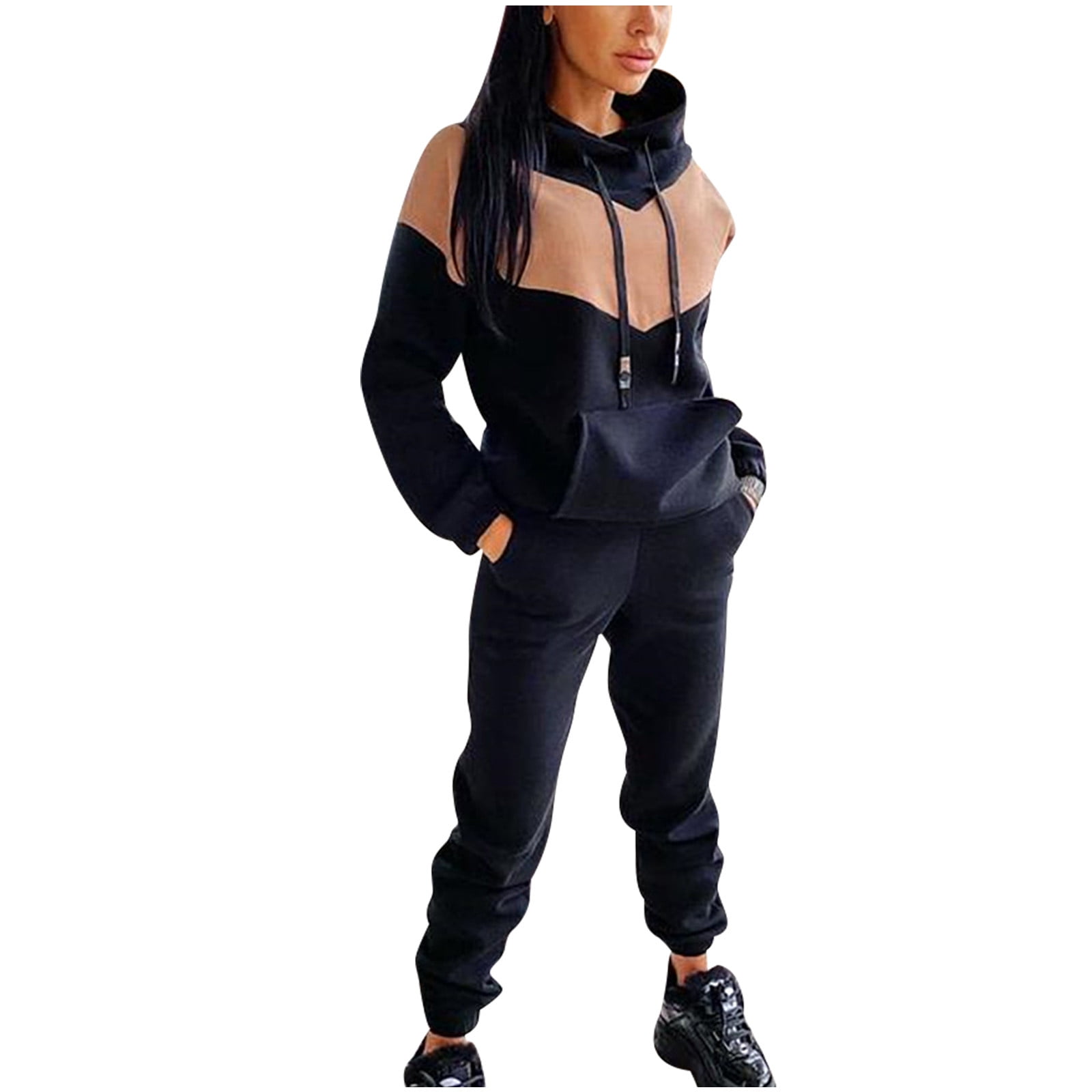 Tracksuit Set for Women Color Block Drawstring Hoodies Sweatshirts ...