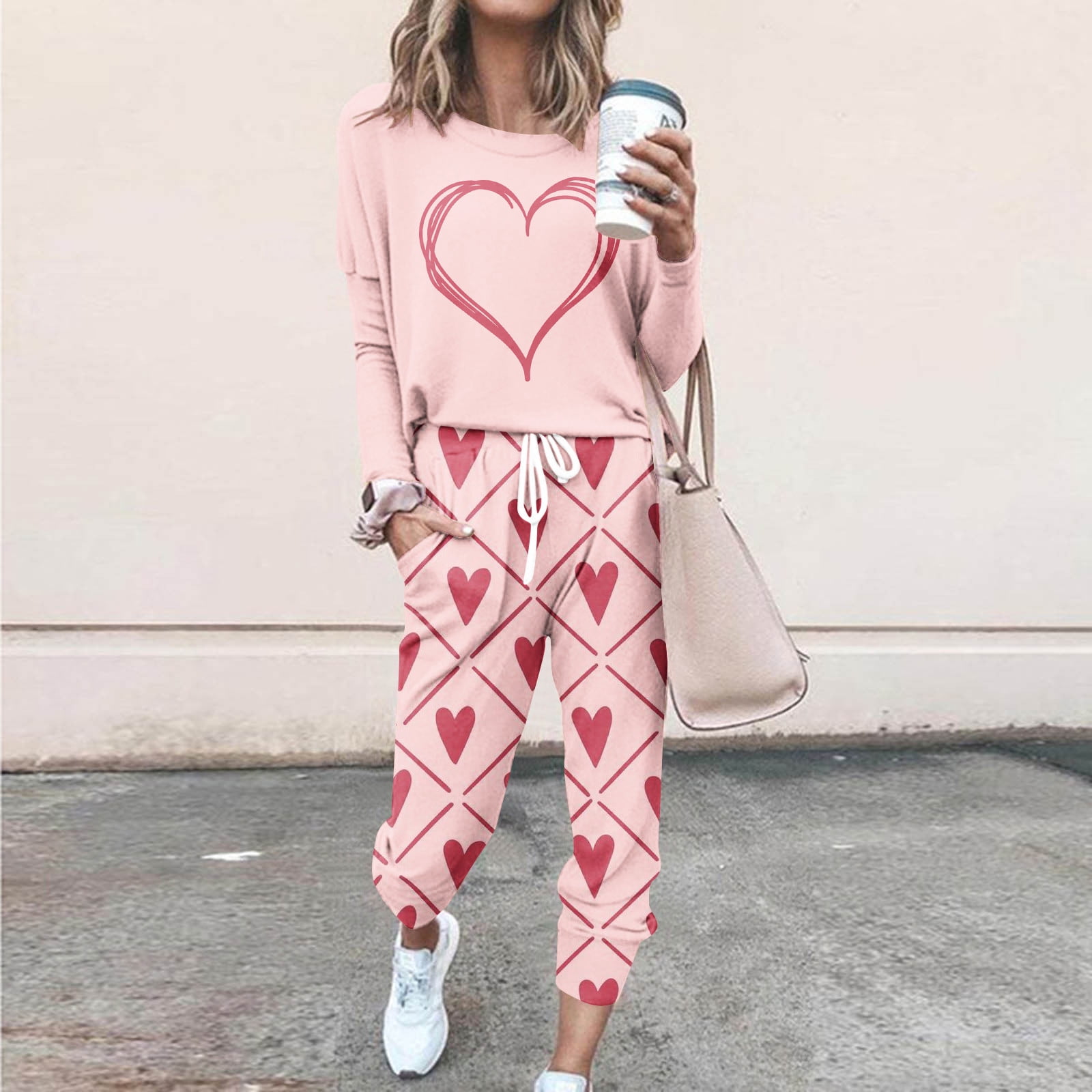 Tracksuit Women 2 Piece Outfits Casual Love Heart Print Long Sleeve ...